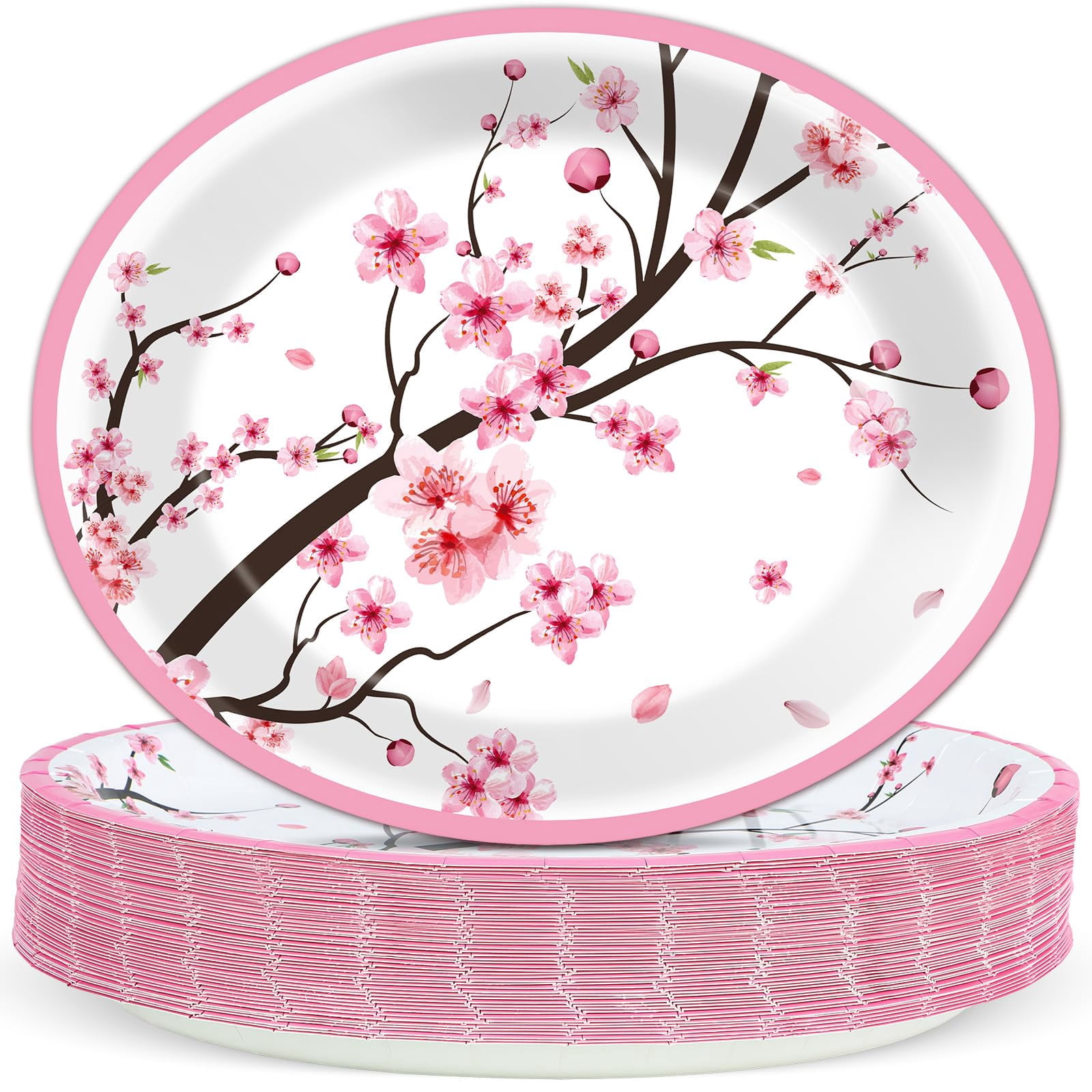 QOUBAI 50Pcs Cherry Blossom Party Oval AFN1Plates 11 Large Cherry ...