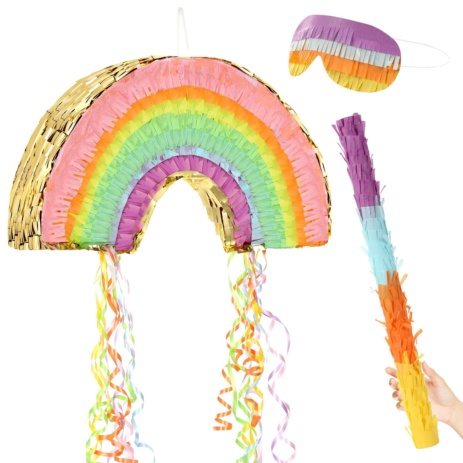 QOUBAI Colorful Rainbow Pull String Pinata with Sticks and Blindfold ...