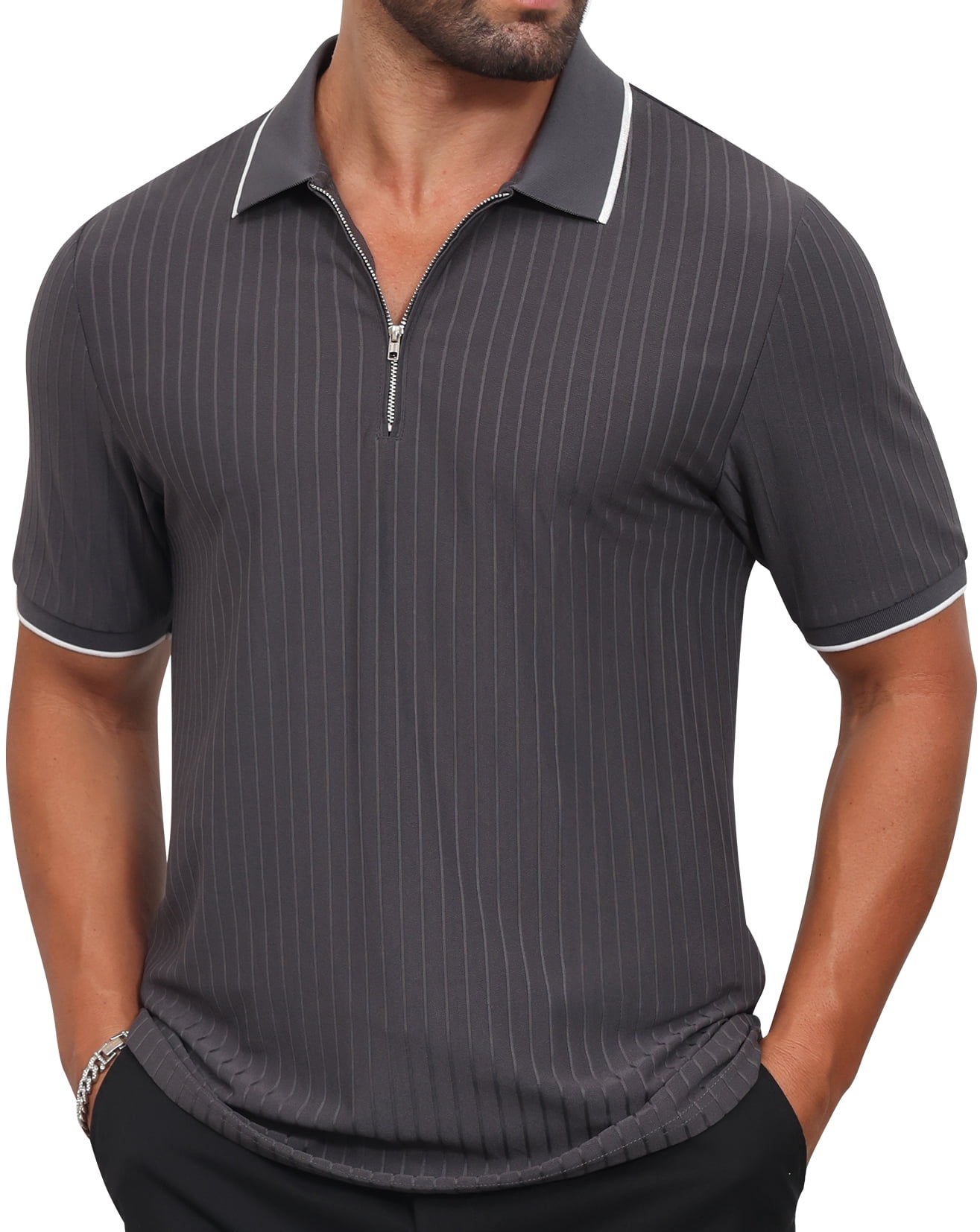 QPNGRP Men's Zipper Polo Shirts Short Sleeve Moisture Wicking Dry Fit ...