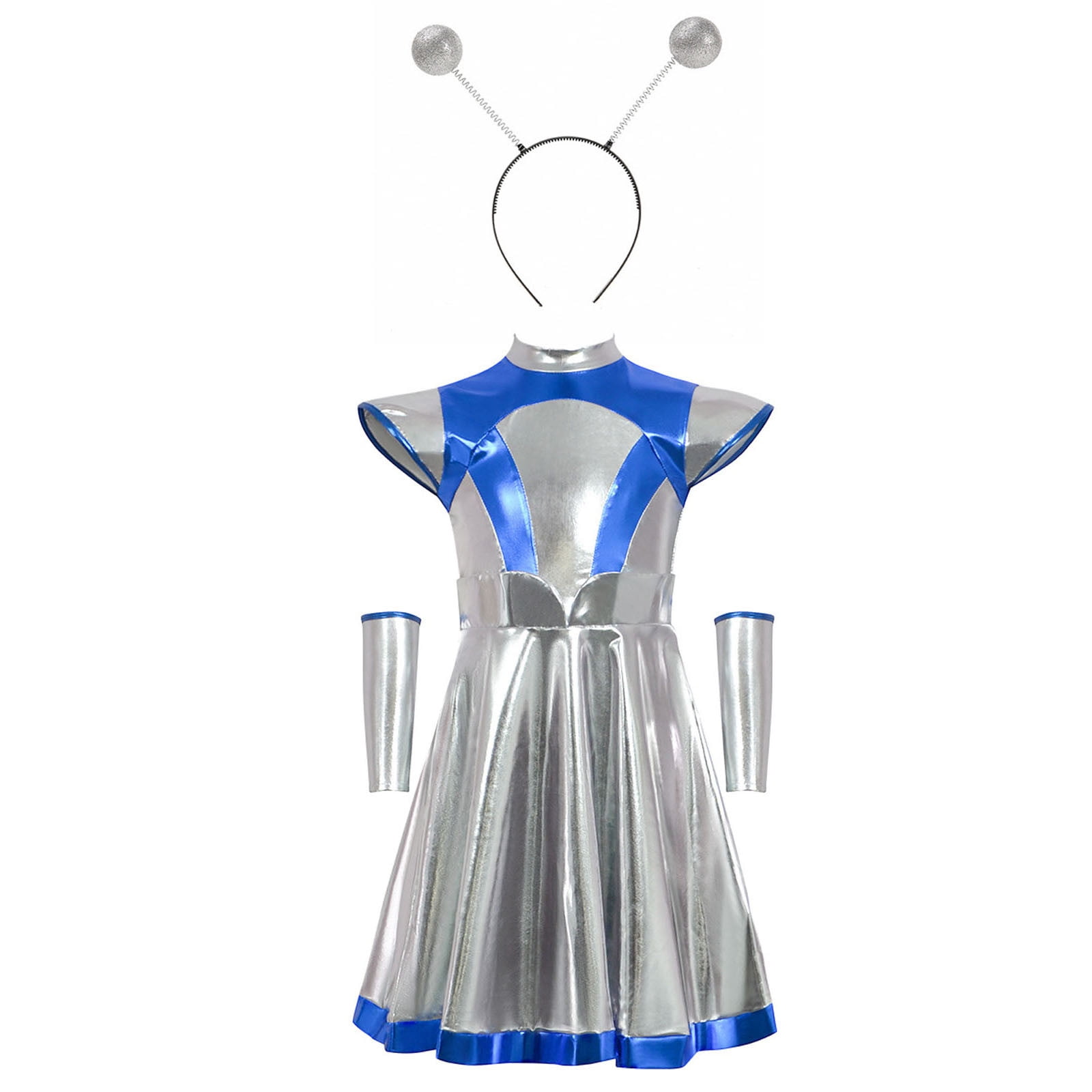 QQAMB Alien Costume for Girls Shiny Metallic Cap Sleeve Pleated Casual ...