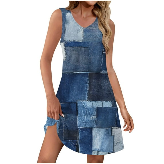 QQAMB Dresses for Women Chic Print Elegant Flowy Loose Dresses Crewneck ...