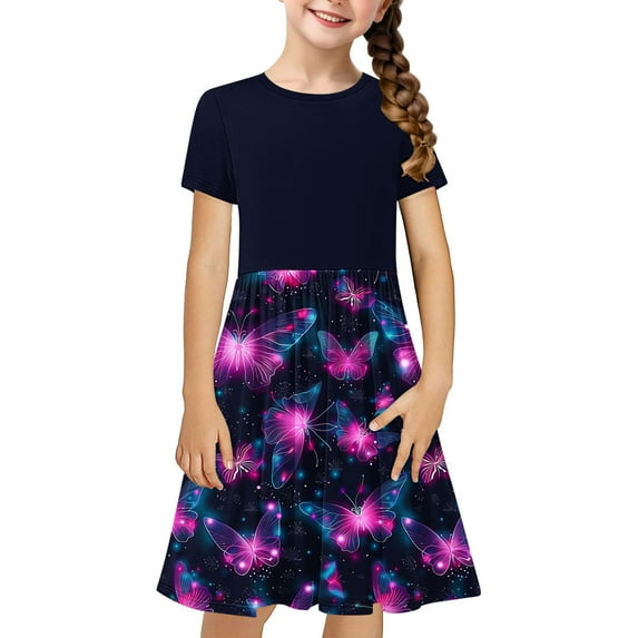 QQAMB Girls Cute Butterfly Printed Summer Dress Casual Crewneck Short ...