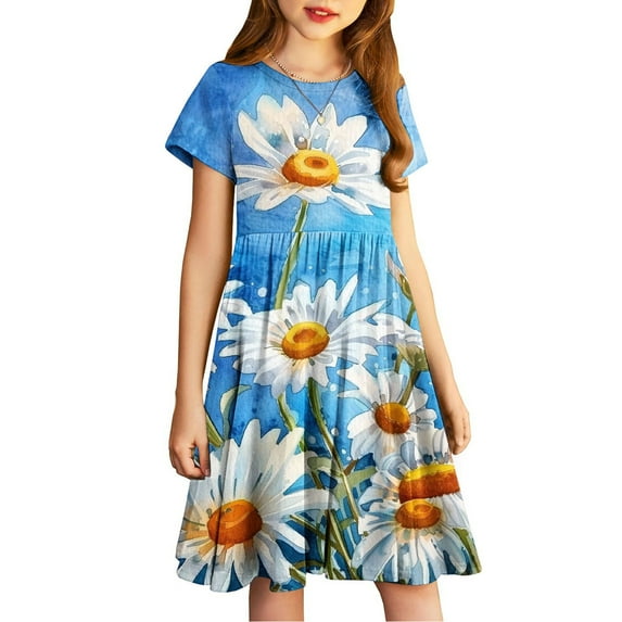 QQAMB Girls Dresses Floral Printed Cute Summer Short Sleeve A-Line ...