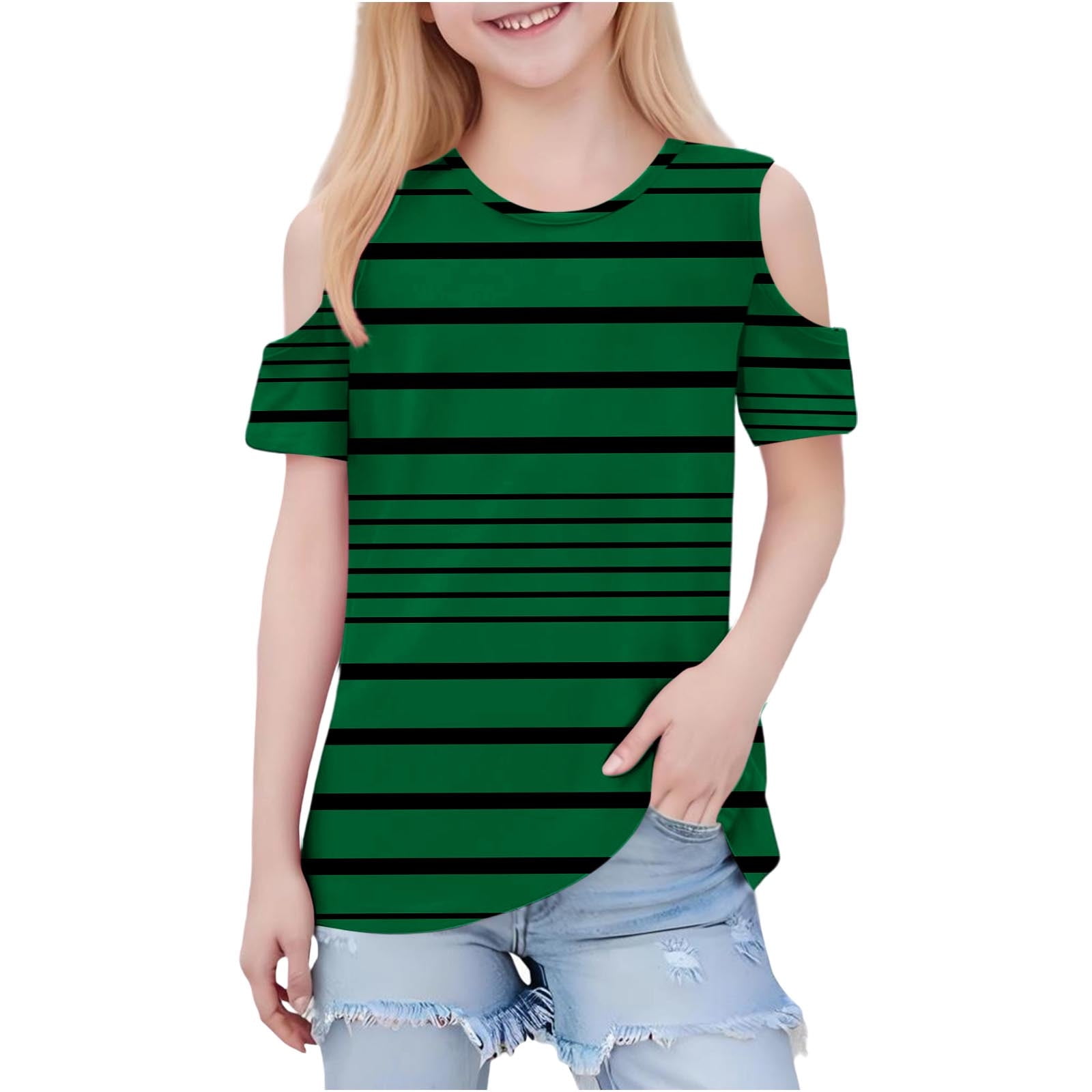 QQAMB Girls Striped Shirt, Short Sleeve T-Shirts Off Shoulder Tops ...