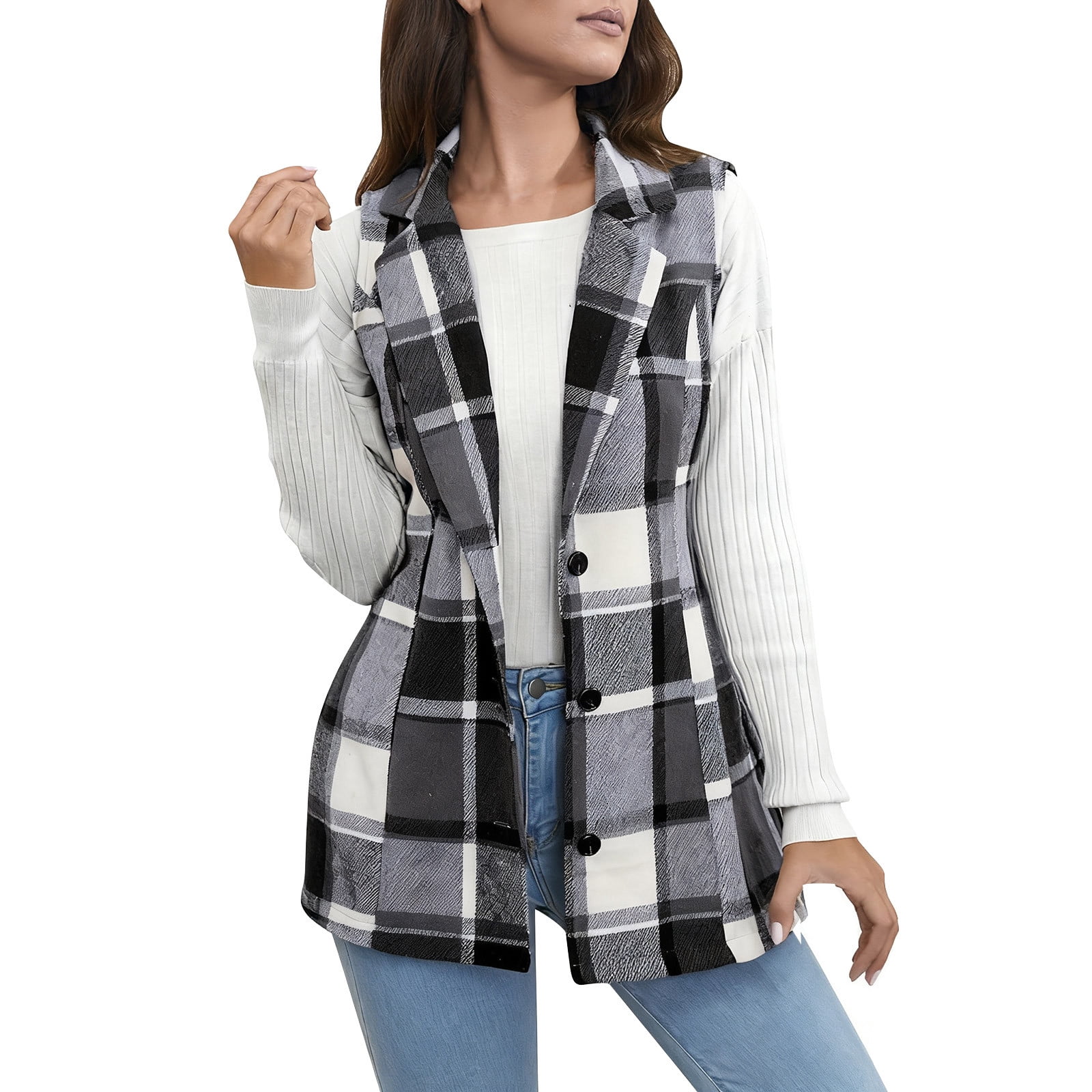 QQAMB Plaid Vest for Women Lapel Button Down Sleeveless Shacket Fall ...