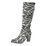 QQAMB Women's Knee High Boots Zebra Print Suede Boots Pointed Toe ...