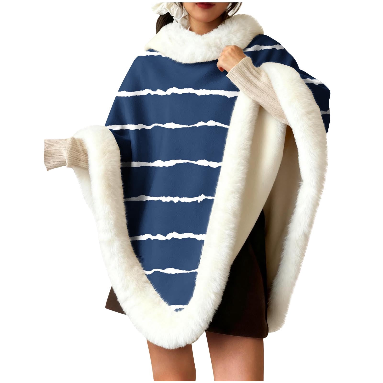 QQAMB Women's Shawl Furry Warm Cape Coat Pullover Poncho Fluffy Fur ...