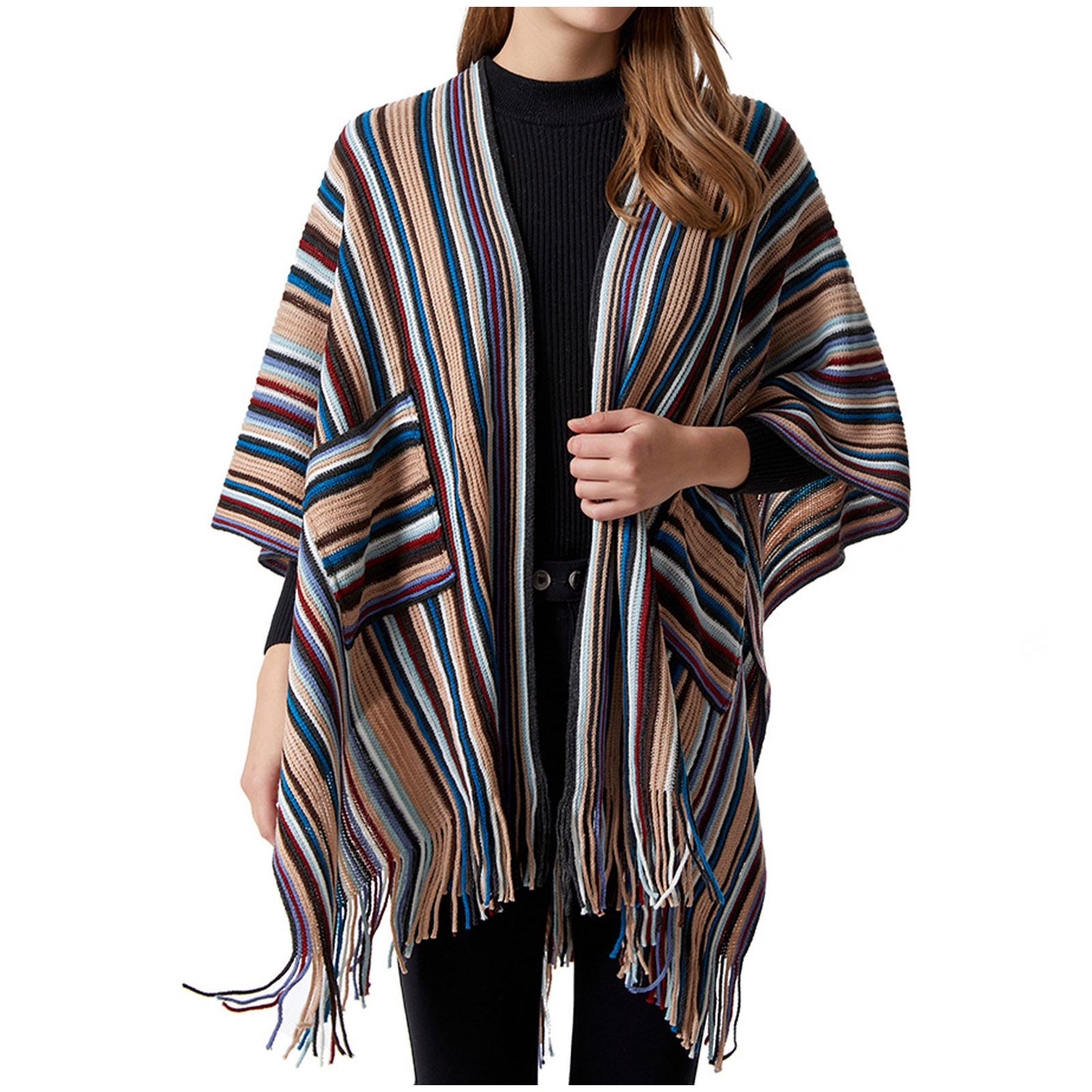 DeHolifer Women's Shawl Vintage Plaid Knitted Tassel Poncho Wrap Shawl ...