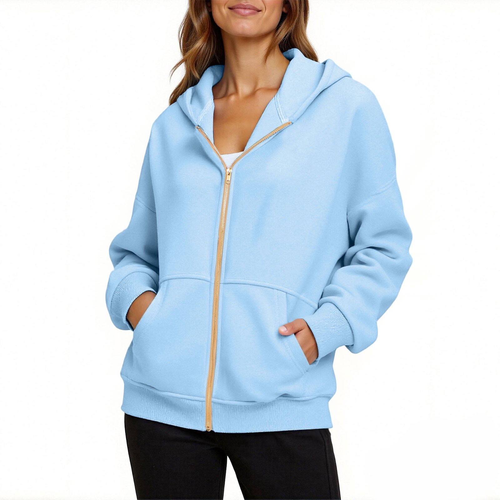 QQAMB Womens Sweatshirt Zip Up Hoodie Gold Zipper Comfy Cool Hoodies ...
