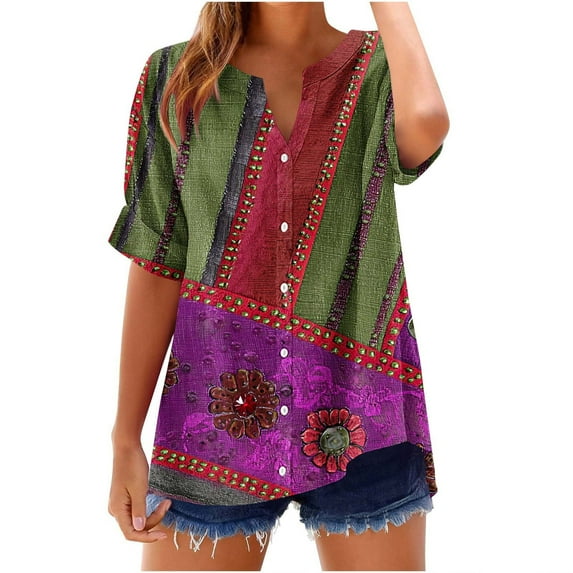 QQAMB Womens T-Shirts 3/4 Sleeve Button Tops V-Neck Summer Outfits ...