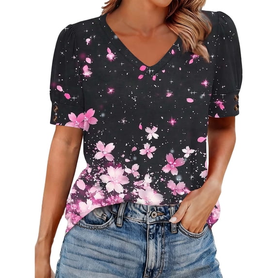 QQAMB Womens Tops Buttons Shirts V-Neck Floral Printed Spring Summer ...