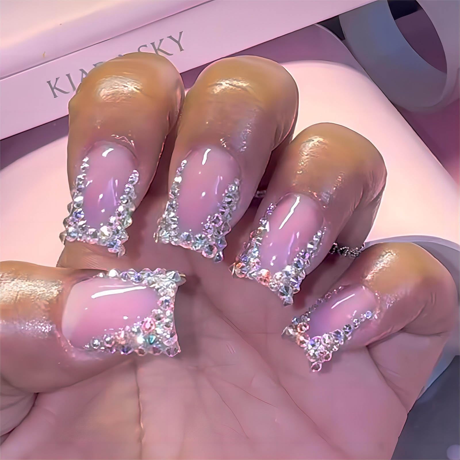 QQPPOLIU Short Press on Nails Square Nails with Rhinestone Design ...