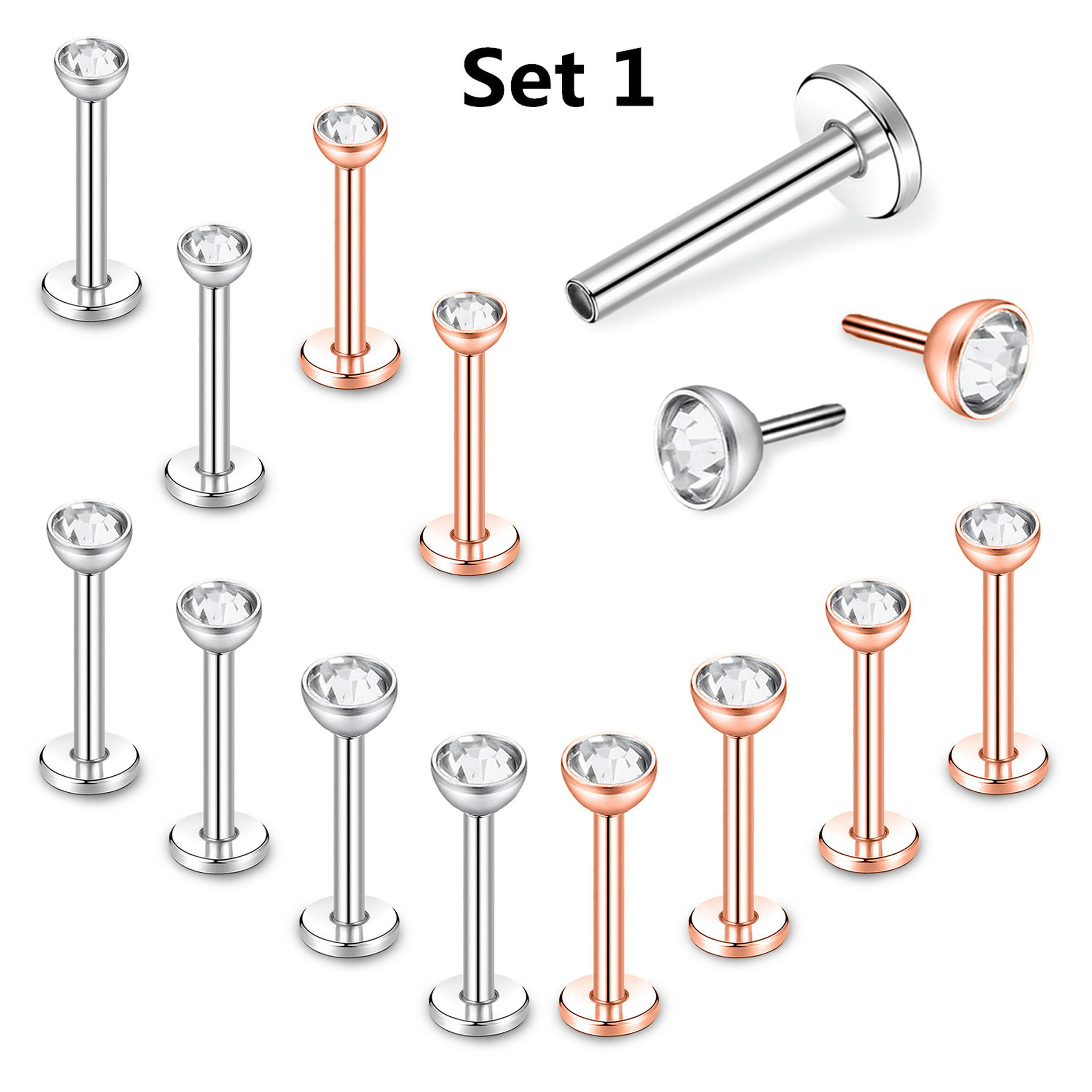 QQTDFG 12Pcs/Set Stainless Steel Lip Rings Push-in Stud Earring CZ ...