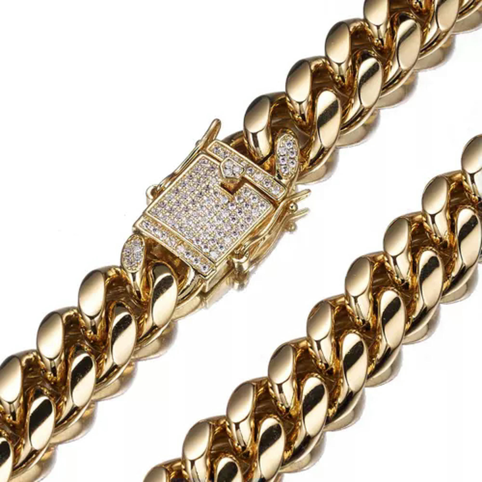 QQTDFG 12mm Wide Hip Hop Stainless Steel Men's Gold Cuban Curb MIami ...