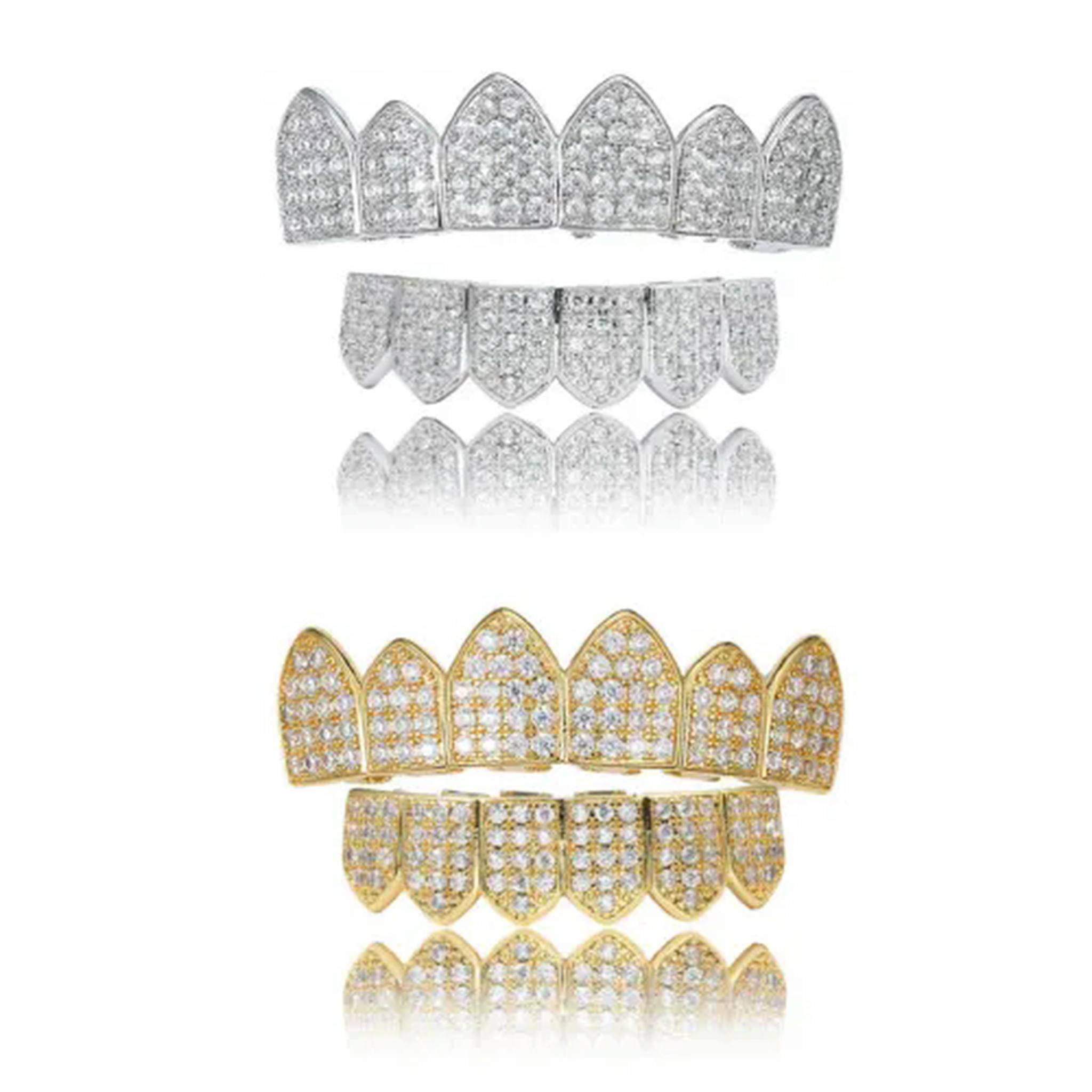QQTDFG 14K Gold Plated CZ Teeth Grillz Hip Hop Top Bottom Mouth Silver ...