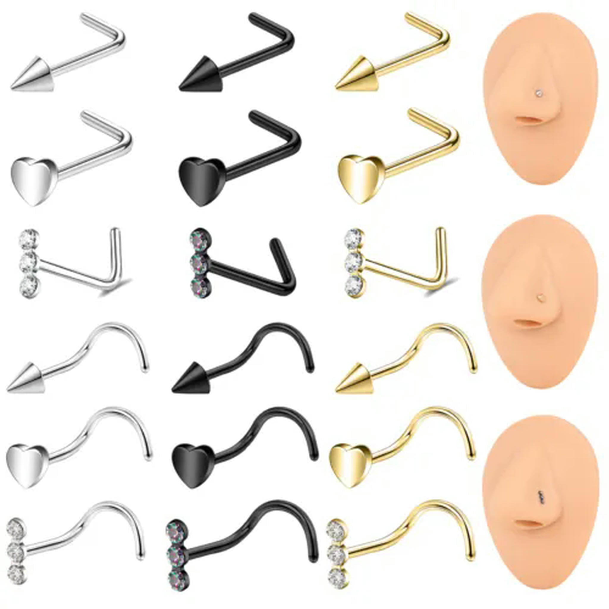 QQTDFG 20g Stainless Steel Nose Stud Heart Spike Nose Piercing Crystal ...