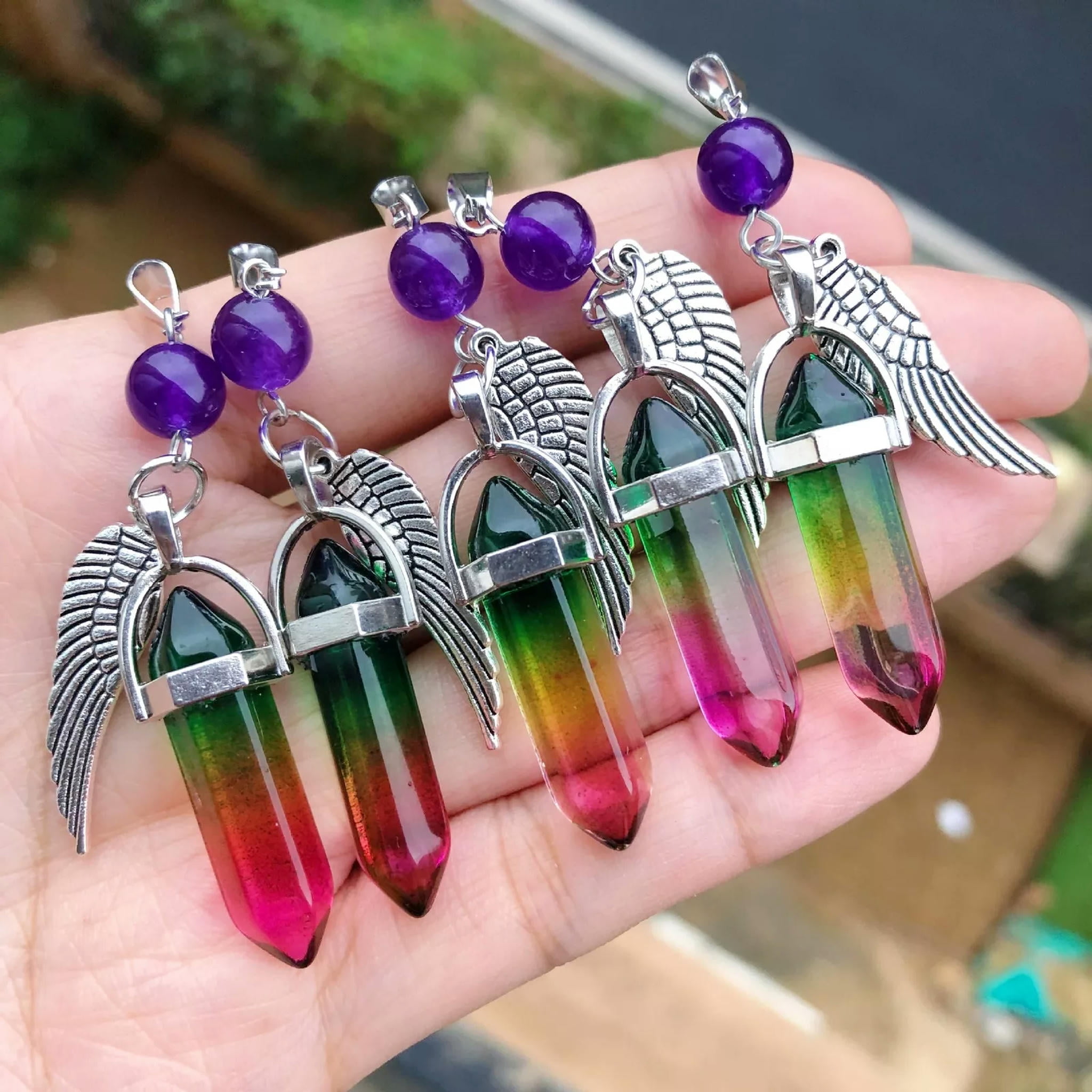 QQTDFG 5pcs Healing Rainbow Crystal Stone Pendants Angel Wing Chakra Reiki Amulet Point-default ...
