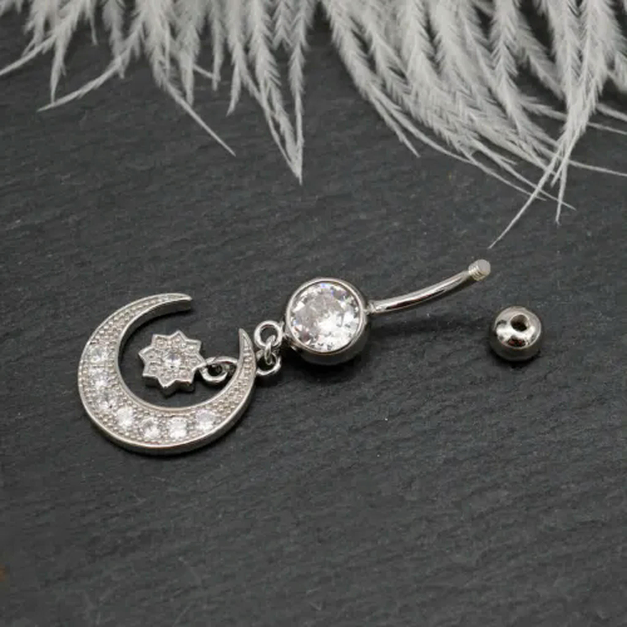 QQTDFG 925 Sterling Silver Barbell Moon Crystal Belly Button Navel Ring ...
