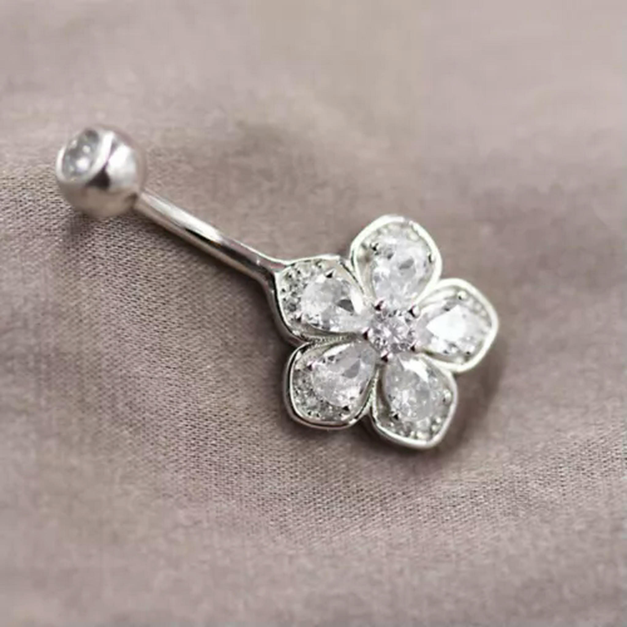 QQTDFG 925 Sterling Silver Flower Crystal Belly Bar Button Navel Ring ...