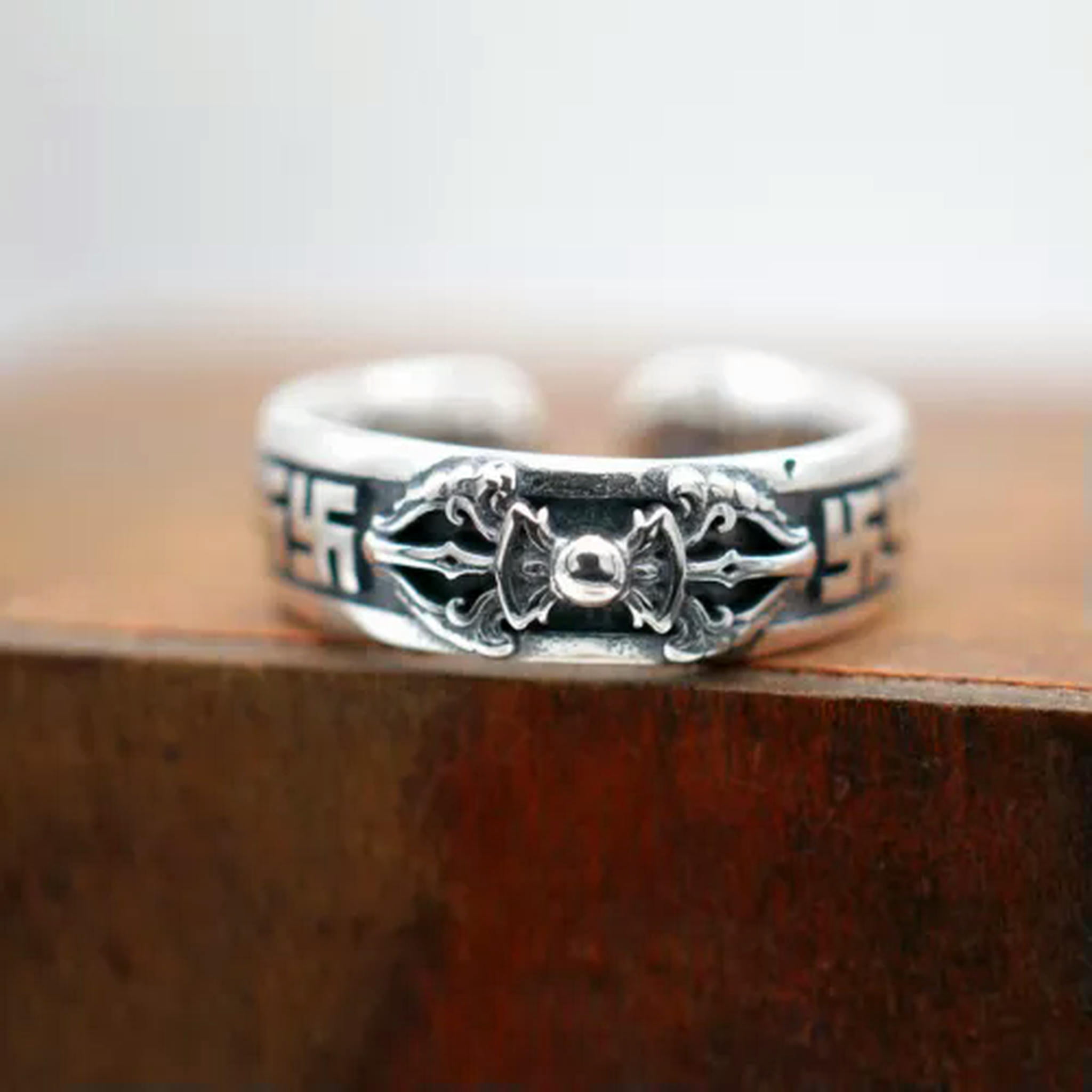 QQTDFG 925 Sterling Silver Vajra Dorje Open Bamd Ring Buddhism Om Mani ...