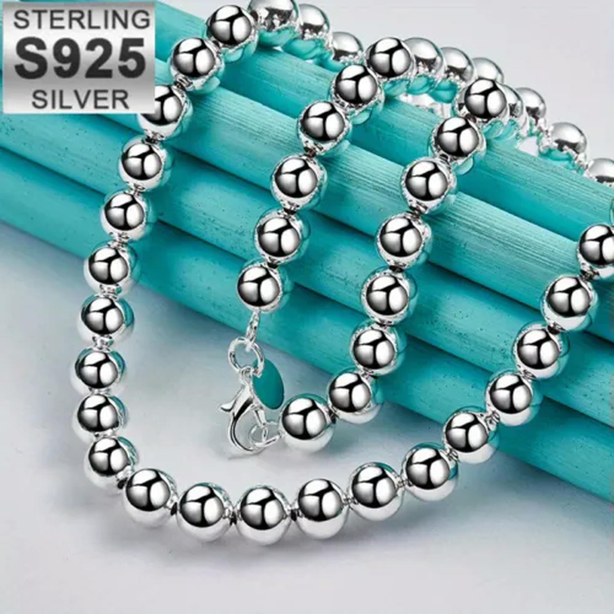 QQTDFG 925 Sterling Solid Silver 8MM Hollow Ball Beaded Chain Necklace ...