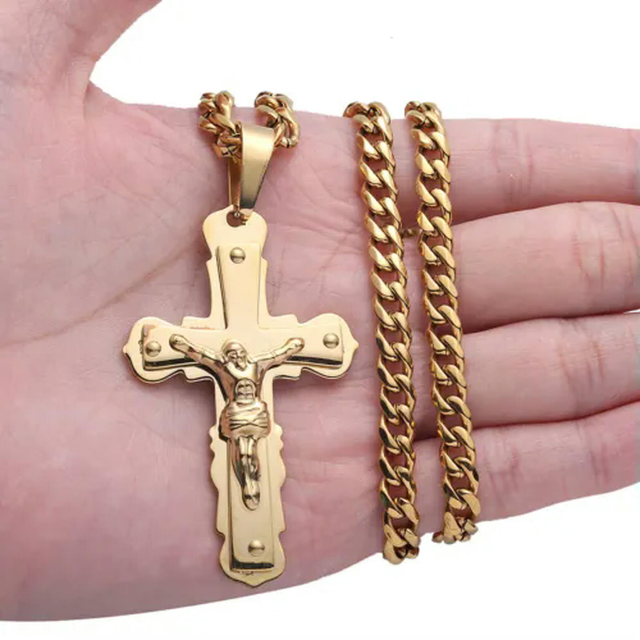 QQTDFG Hot Mens Stainless Steel Gold Silver Jesus Crucifix Cross ...