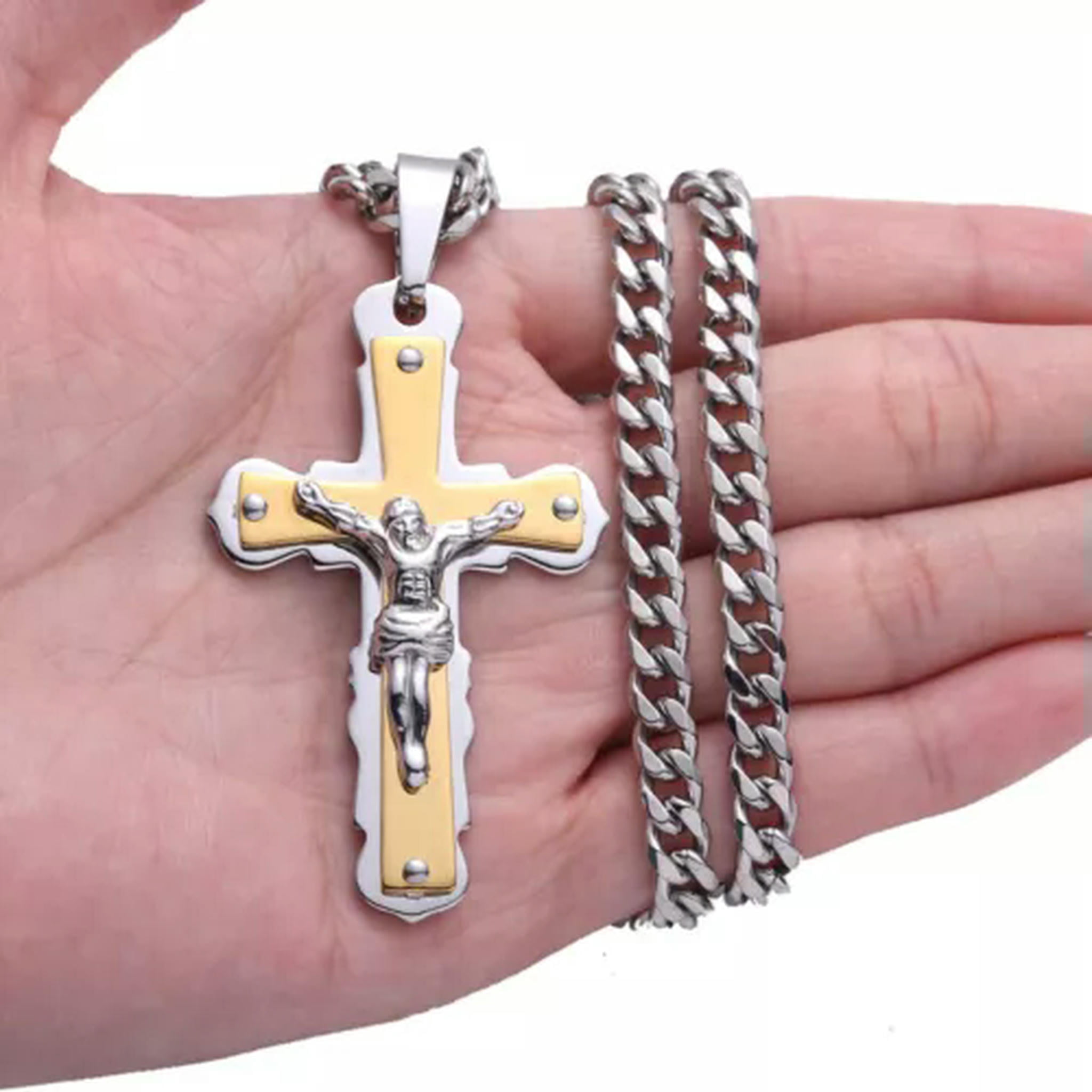 QQTDFG Hot Mens Stainless Steel Gold Silver Jesus Crucifix Cross ...