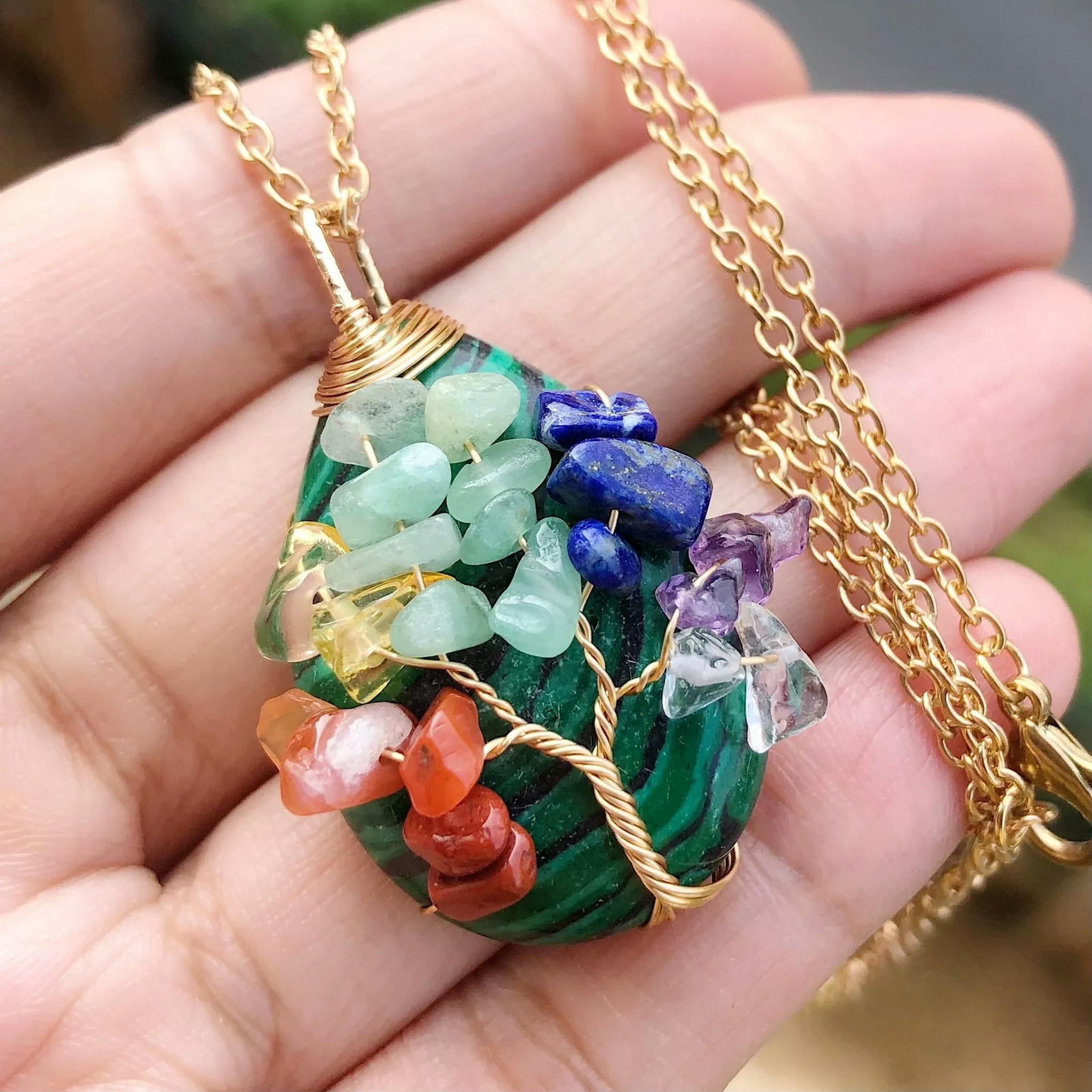QQTDFG Malachite Gem Stone Tree Of Life Water-Drop Necklace Chakra ...