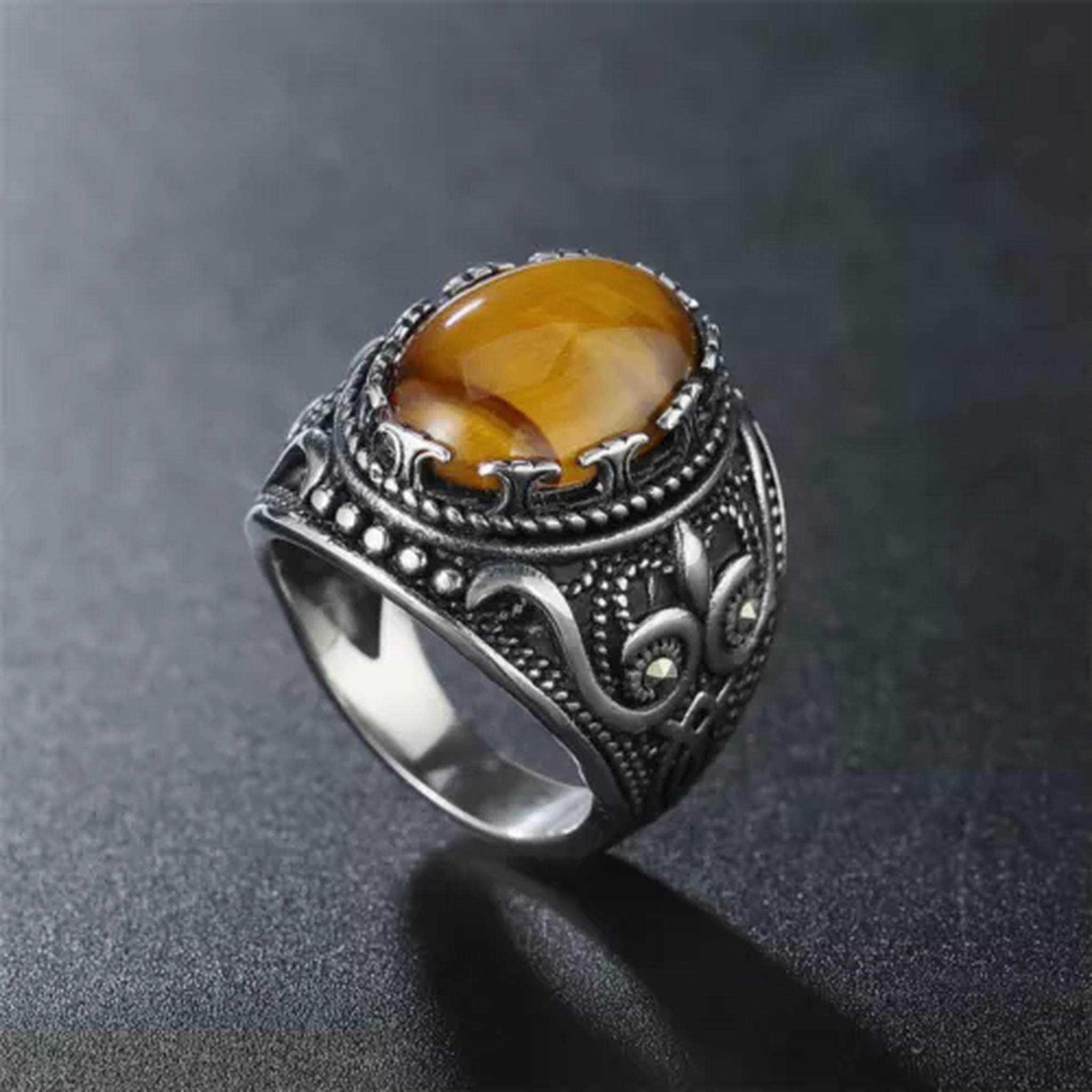 QQTDFG Men Retro Large Tiger Eye Stone Ring Vintage Oval Stainless ...
