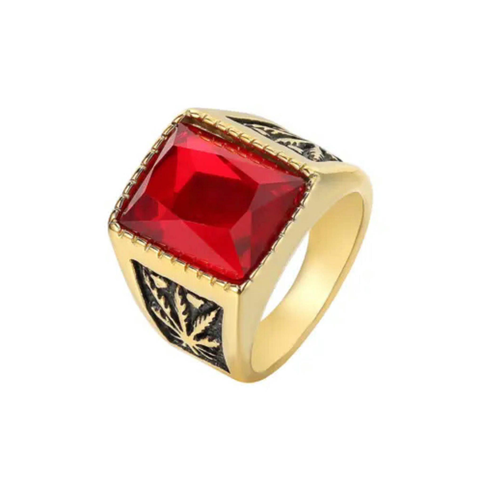 QQTDFG Mens Stainless Steel Red Black Stone Marijuana Leaf Ring Band ...