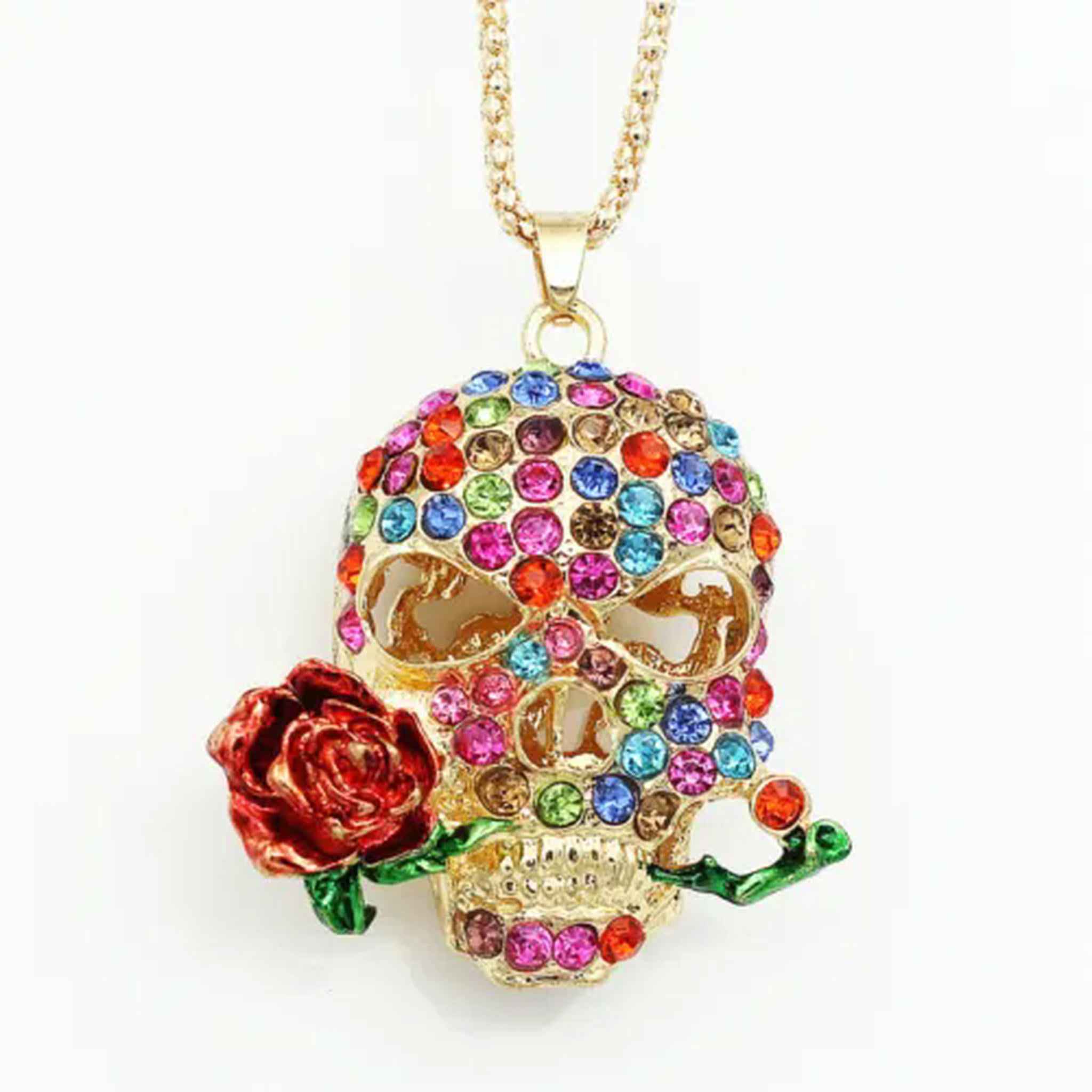 QQTDFG Multi-colo Enamel Crystal Rose Flower Skull Head Pendant Sweater Chain Necklace-Multi ...