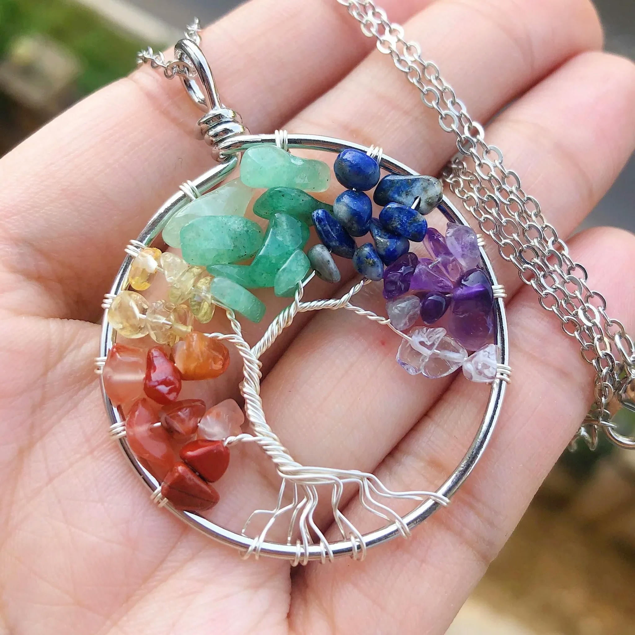 QQTDFG Natural 7 Charka Gems Tree Of Life Necklace Chakra Reiki Healing ...