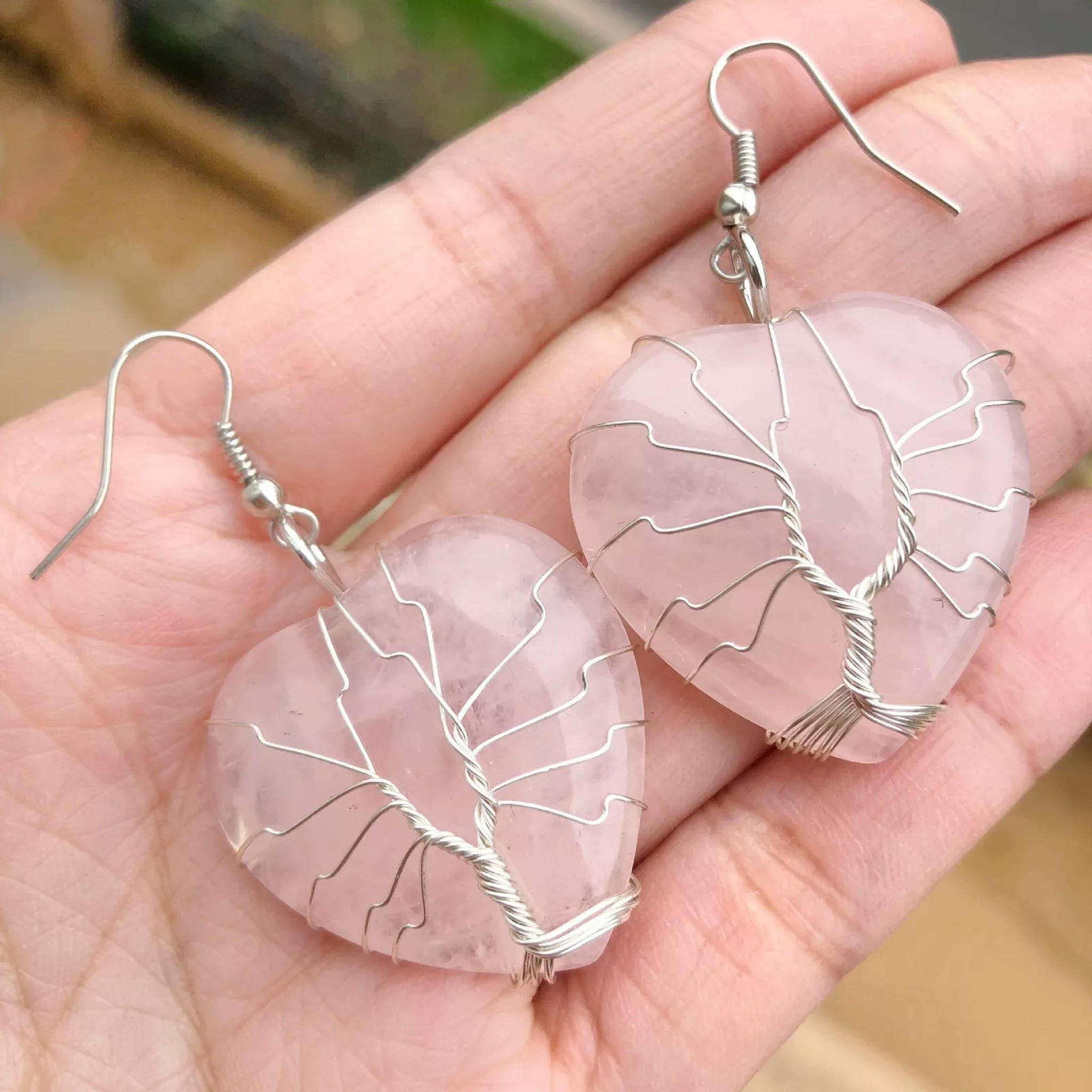 QQTDFG Rose Quartz Earrings Tree Of Life Heart Gems Stone Pair Chakra ...