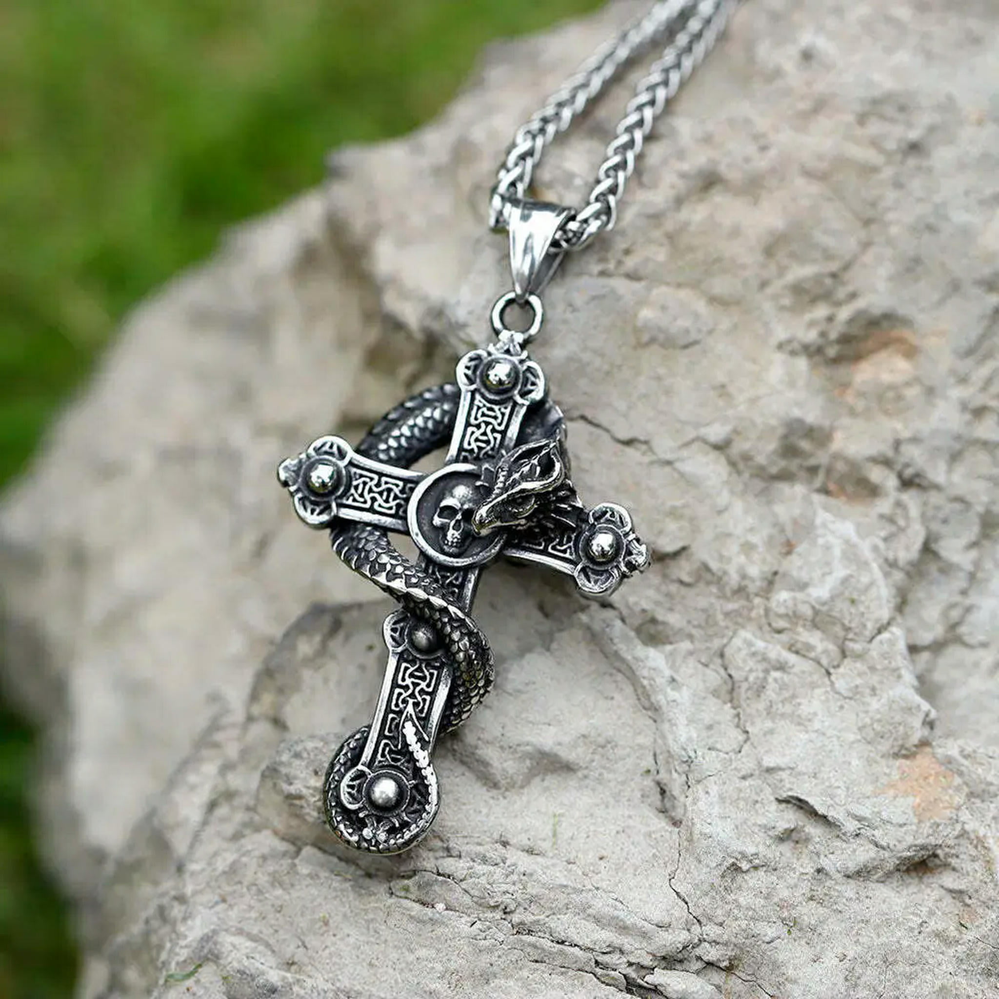 QQTDFG Vintage Men's Dragon Skull Cross Pendant Necklace Stainless ...