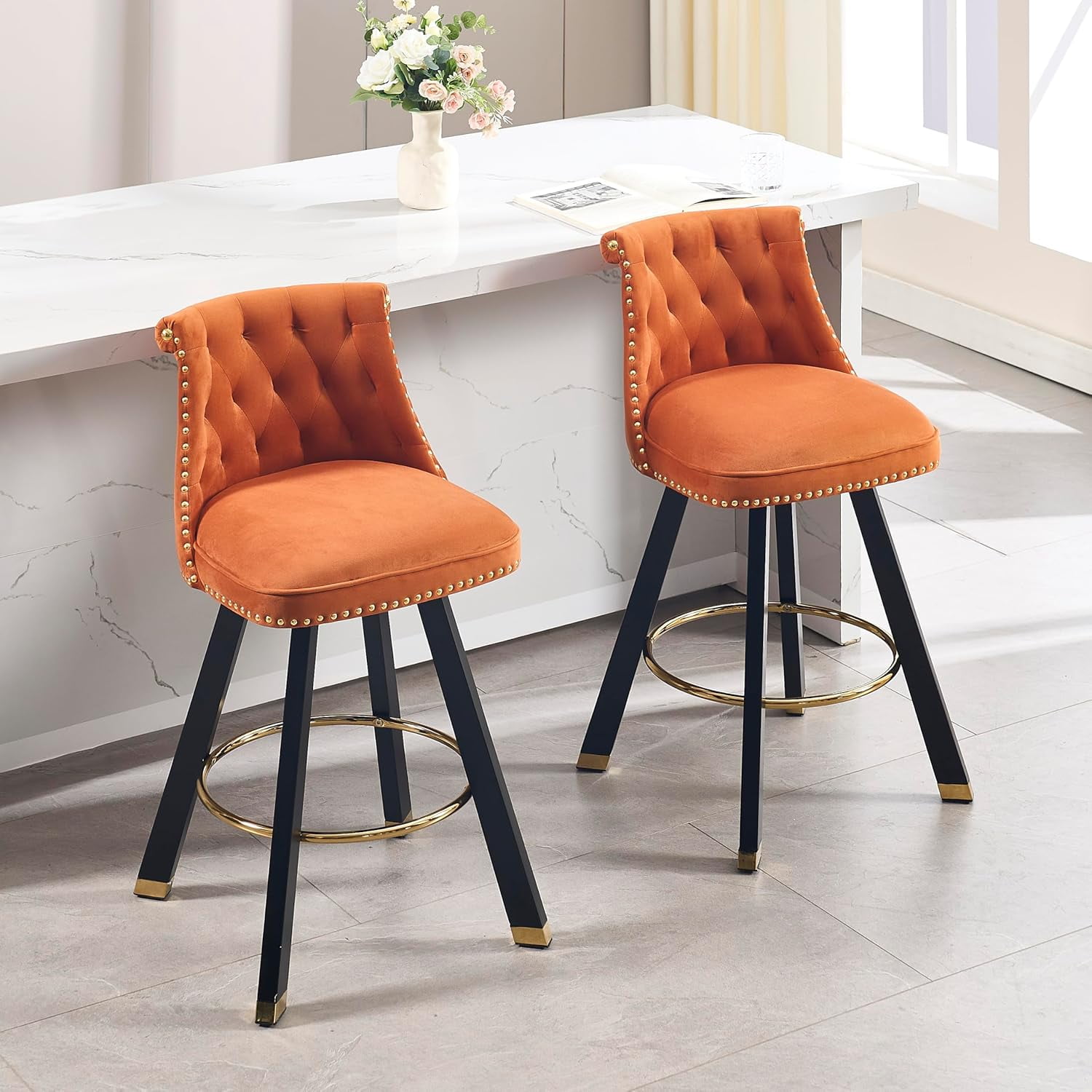 QQU Velvet Bar Stools Set of 2, Square Foot Wooden Barstools with Back ...