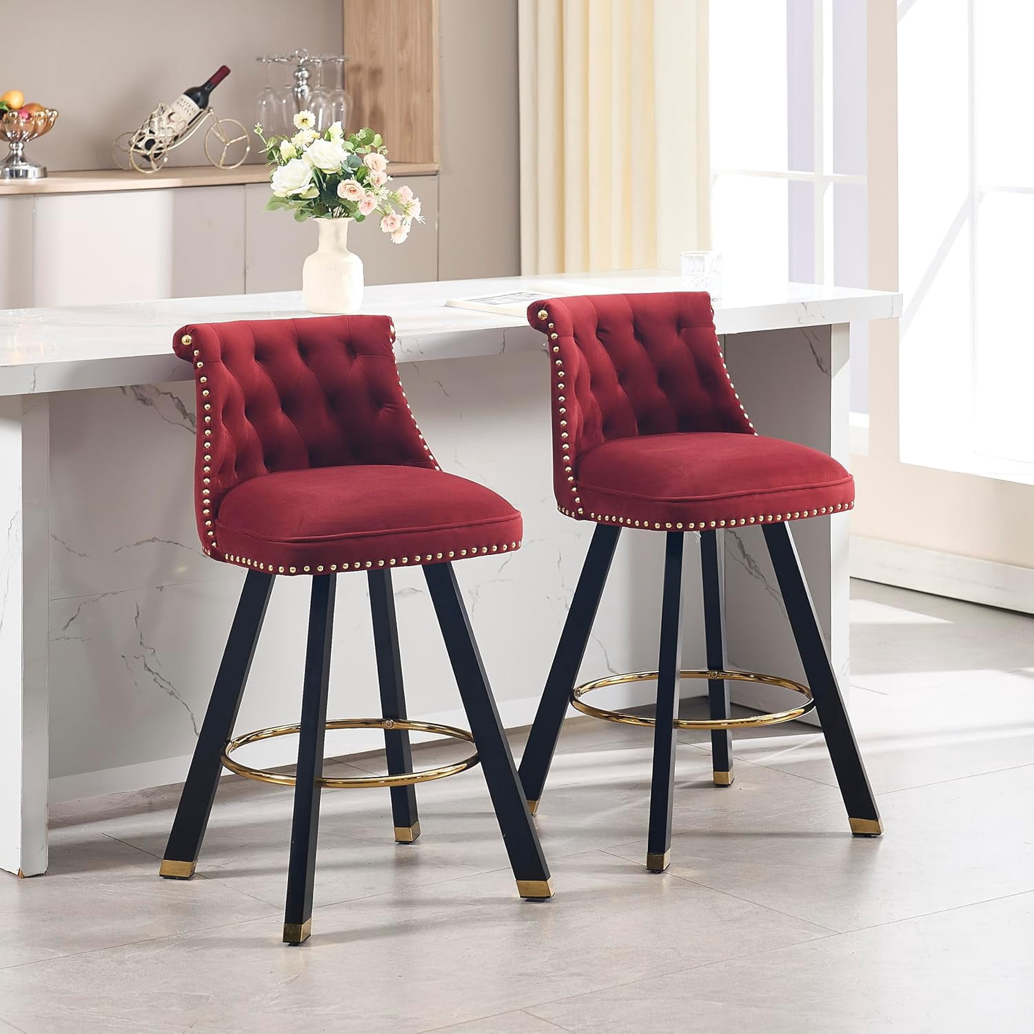 QQU Velvet Bar Stools Set of 2, Square Foot Wooden Barstools with Back ...
