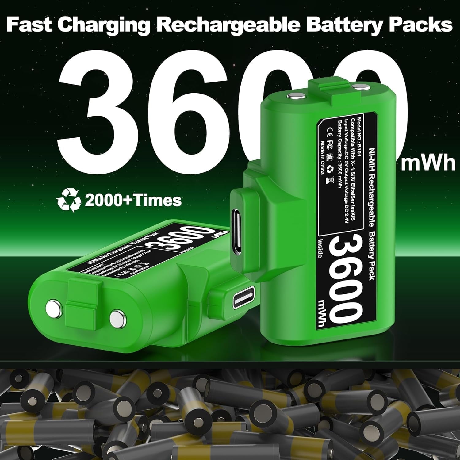 QQV 2x3600mWh Xbox One Controller Battery Play and Charger kit for Xbox ...