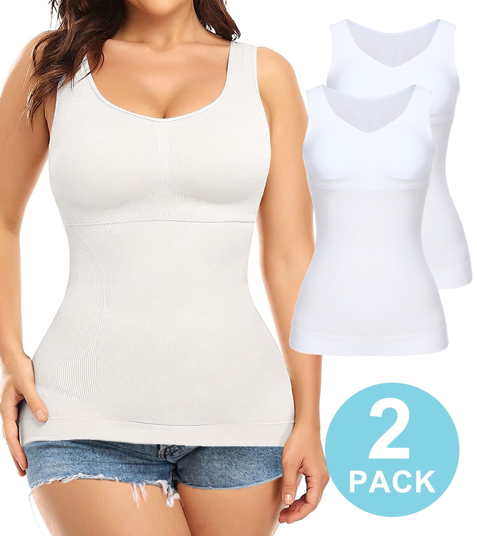 QRIC 2-Pack Women Cami Shapewear with Built in Bra Tummy Control Tank Top Undershirts Body ...