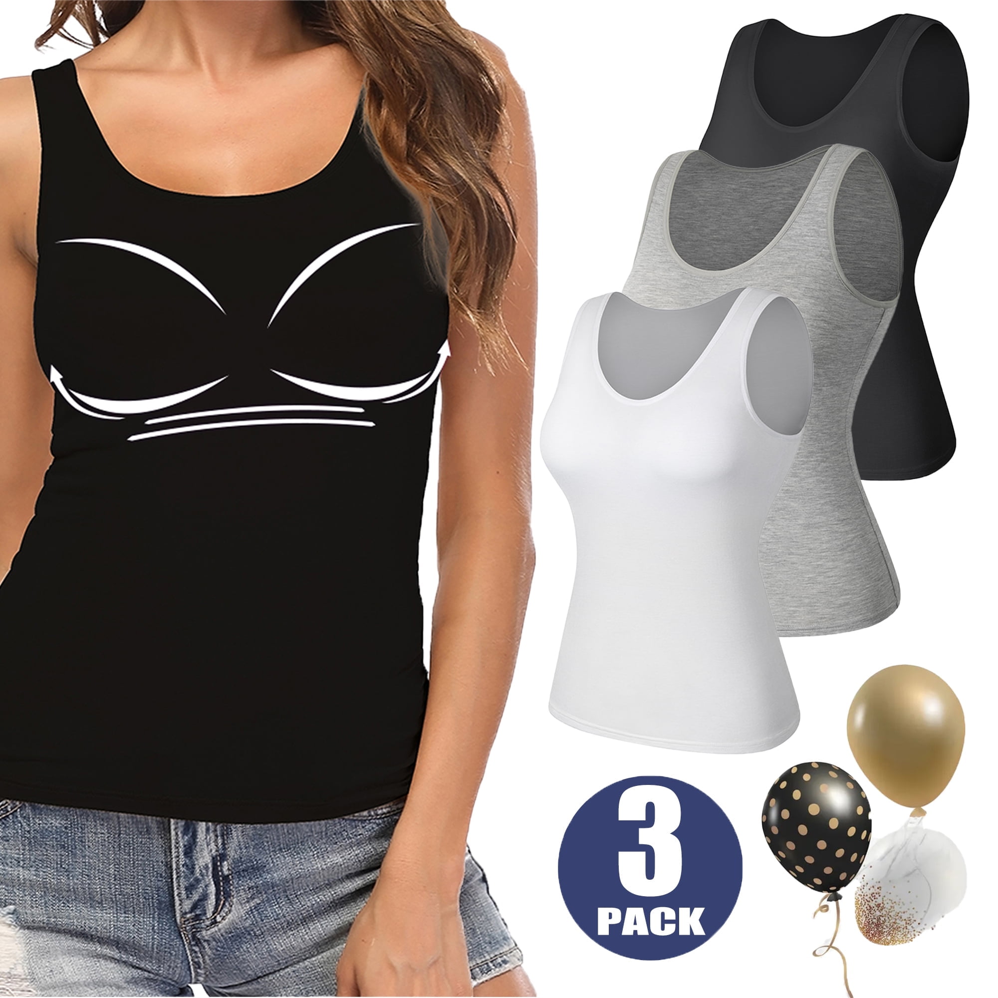 Qric 3 Pieces Women's Basic Wide Strap Tank Top Round Neck Summer Cami ...