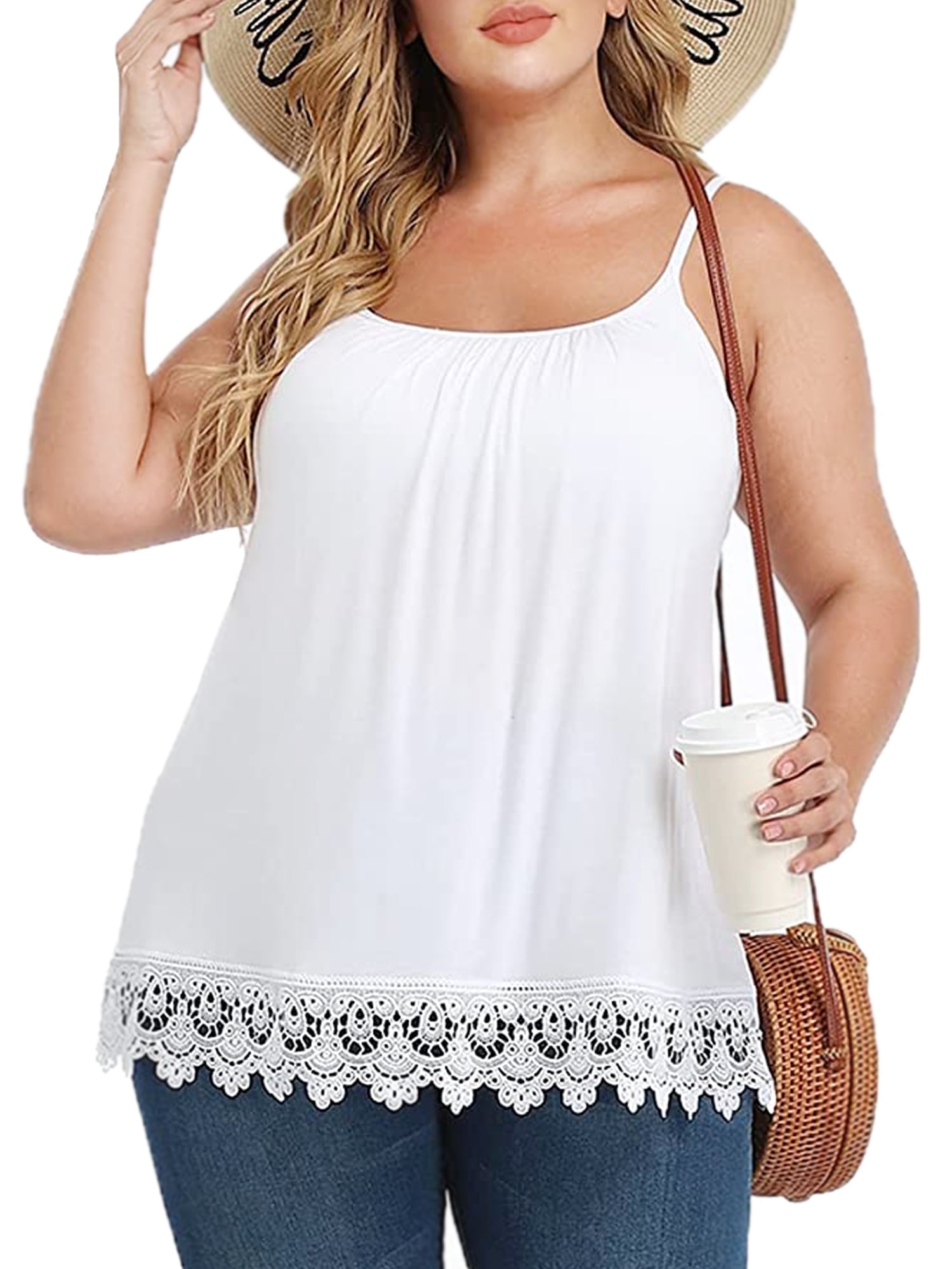 QRIC Women Plus Size Cami with Built in Bra Cup Summer Casual Flowy ...