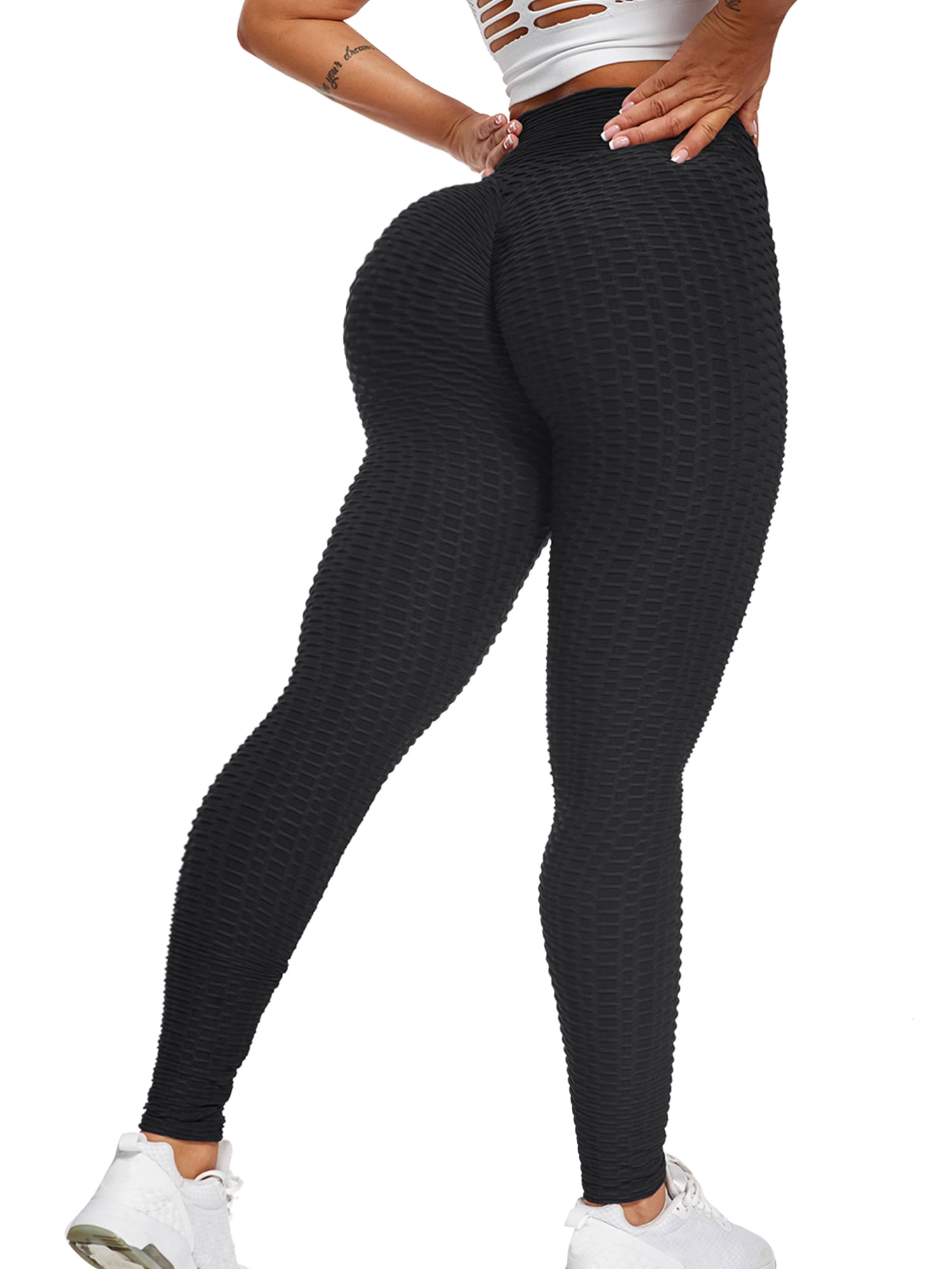 QRIC Women's High Waist Yoga Pants Tummy Control Slimming Textured ...