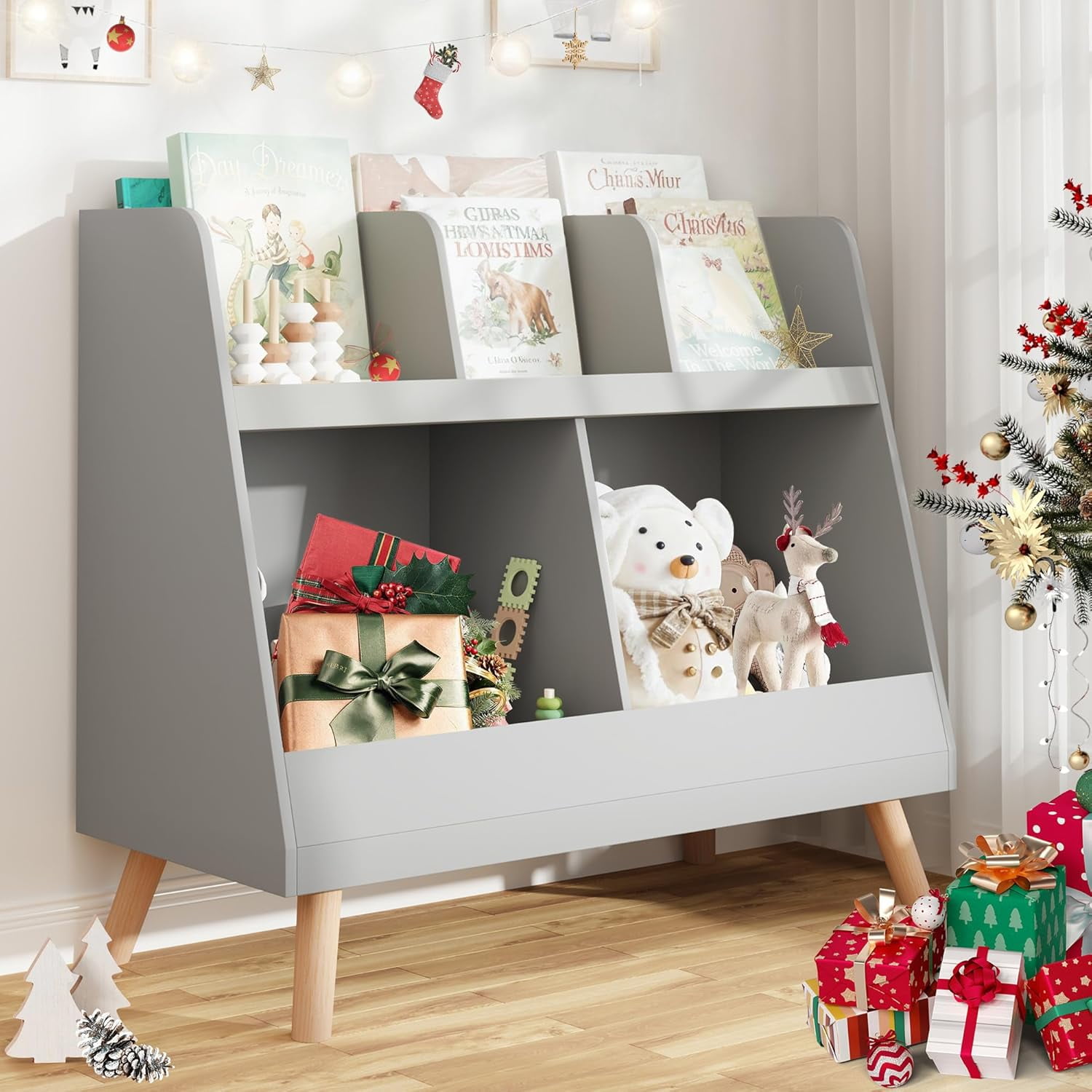 QRKD 2-Tier Kids Bookshelf and Toy Organizer, Gray, 5 Cubbies, Modern ...