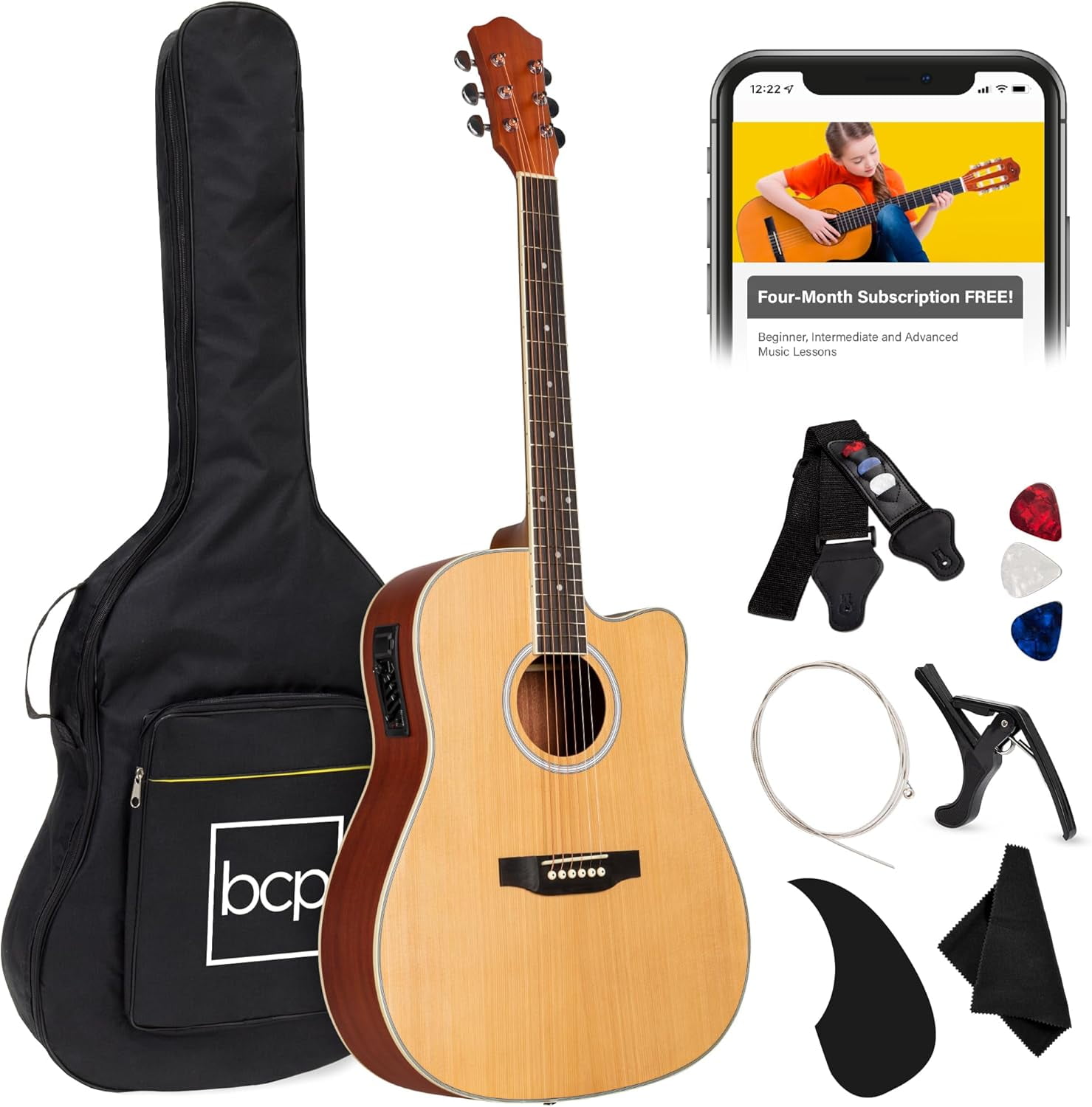 QRKD Beginner Acoustic Electric Guitar Starter Set 41in w/All Wood ...
