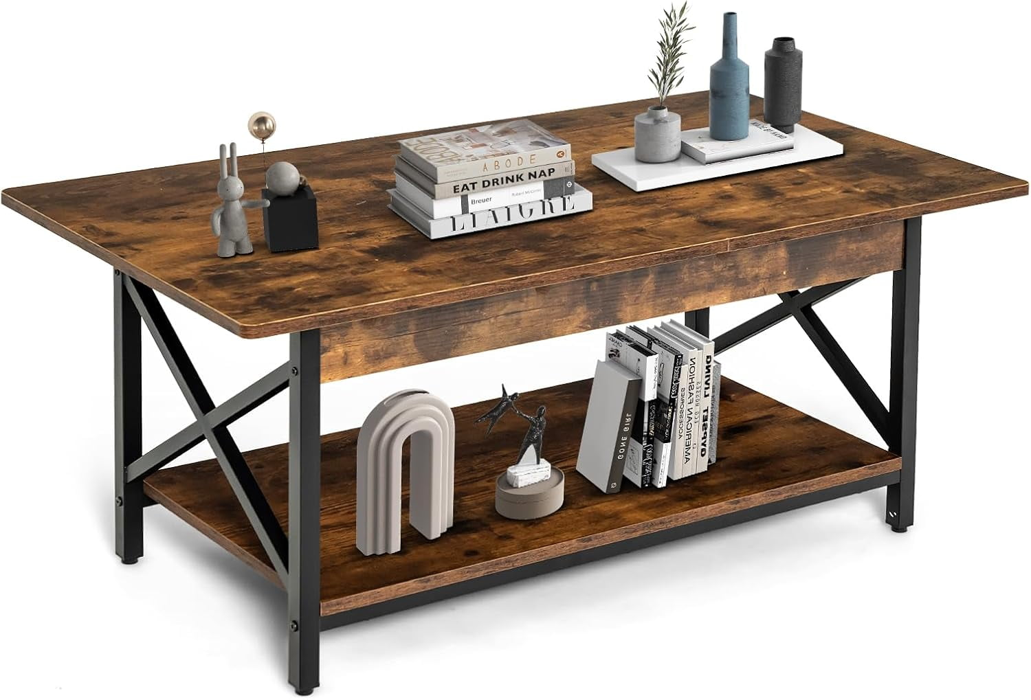 QRKD Coffee Table, 44" Rectangle Cocktail Table with Storage Shelf ...