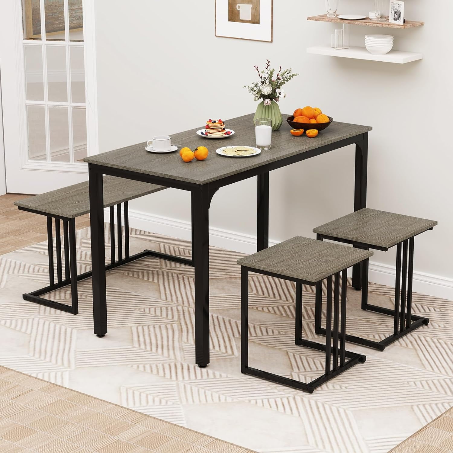 QRKD Dining Table Set for 4, Rectangular Dinner Table with 2 Stools & 1 ...
