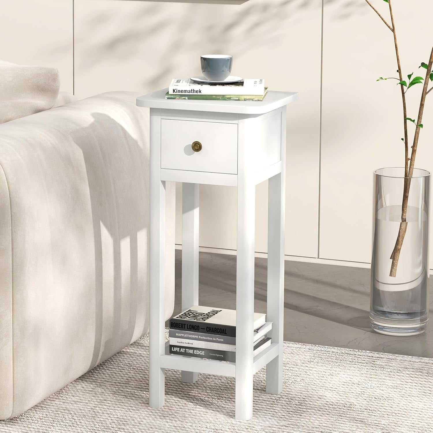 QRKD Narrow Side Table, Small End Table with Drawer & Shelf, Farmhouse ...