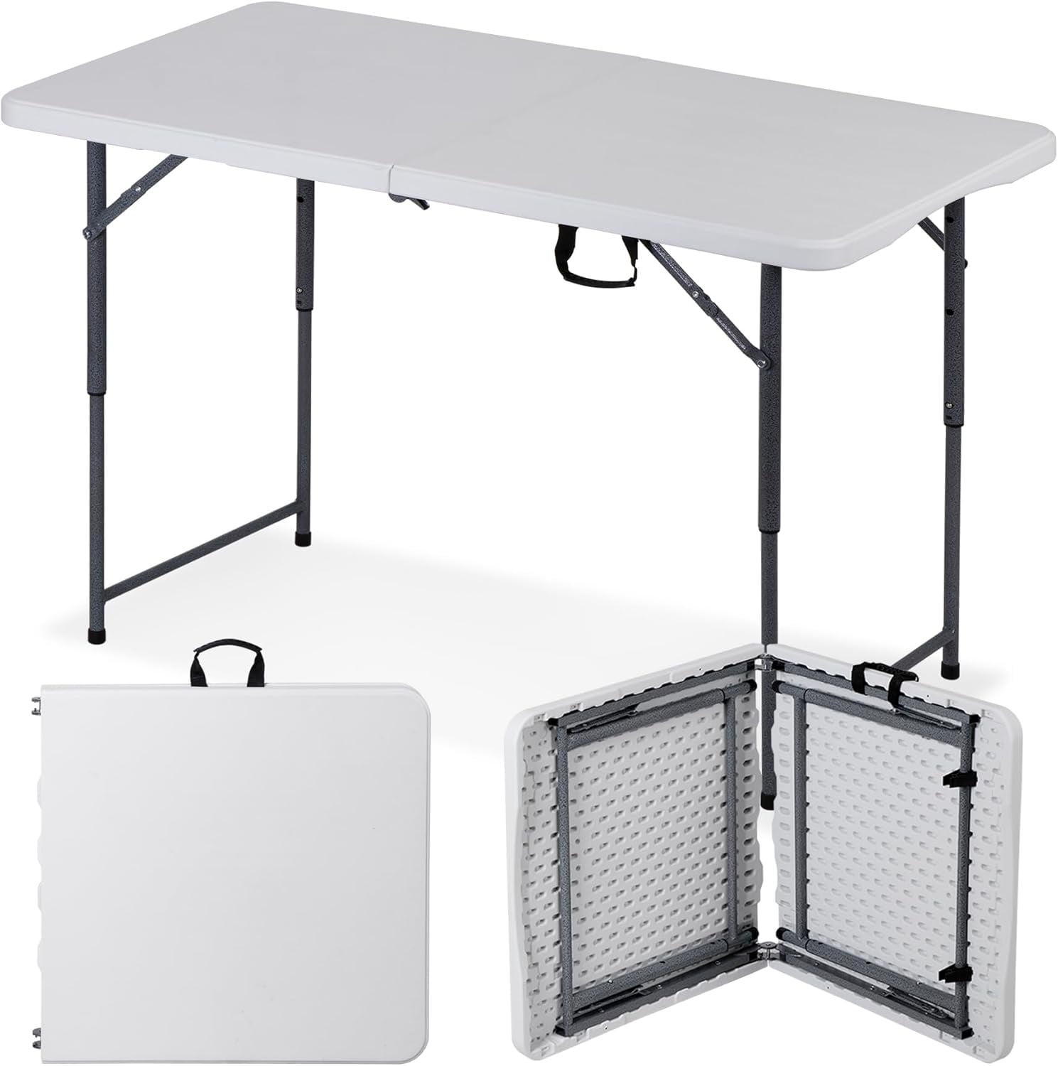 QRKD Portable 4 Foot Plastic Folding Table – Heavy Duty, Fold-in-Half ...
