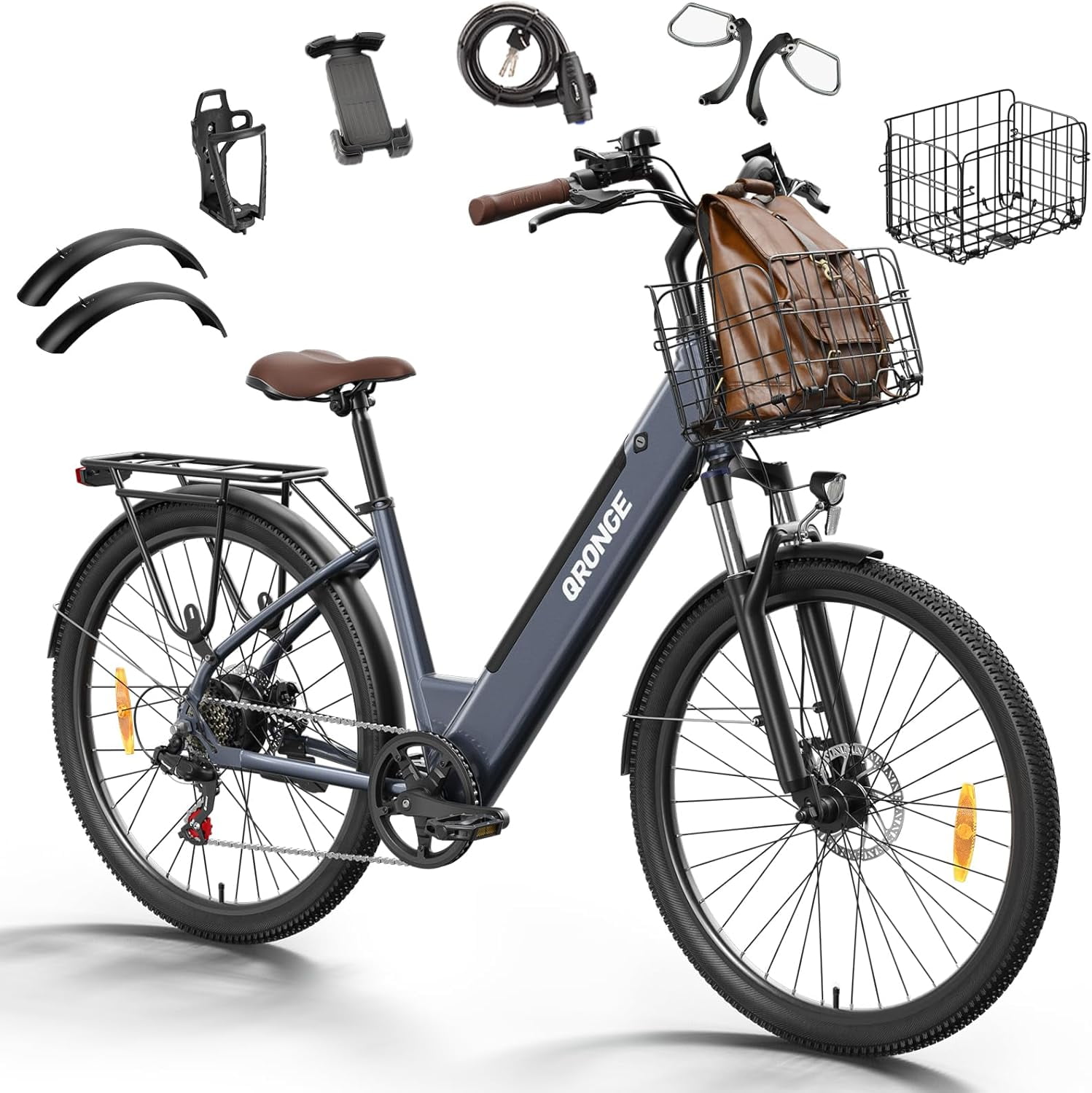 QRONGE Electric Bicyles for Adults 720W,36V Battery Electric Bike with Bike Basket,18MPH,7 Speed ...
