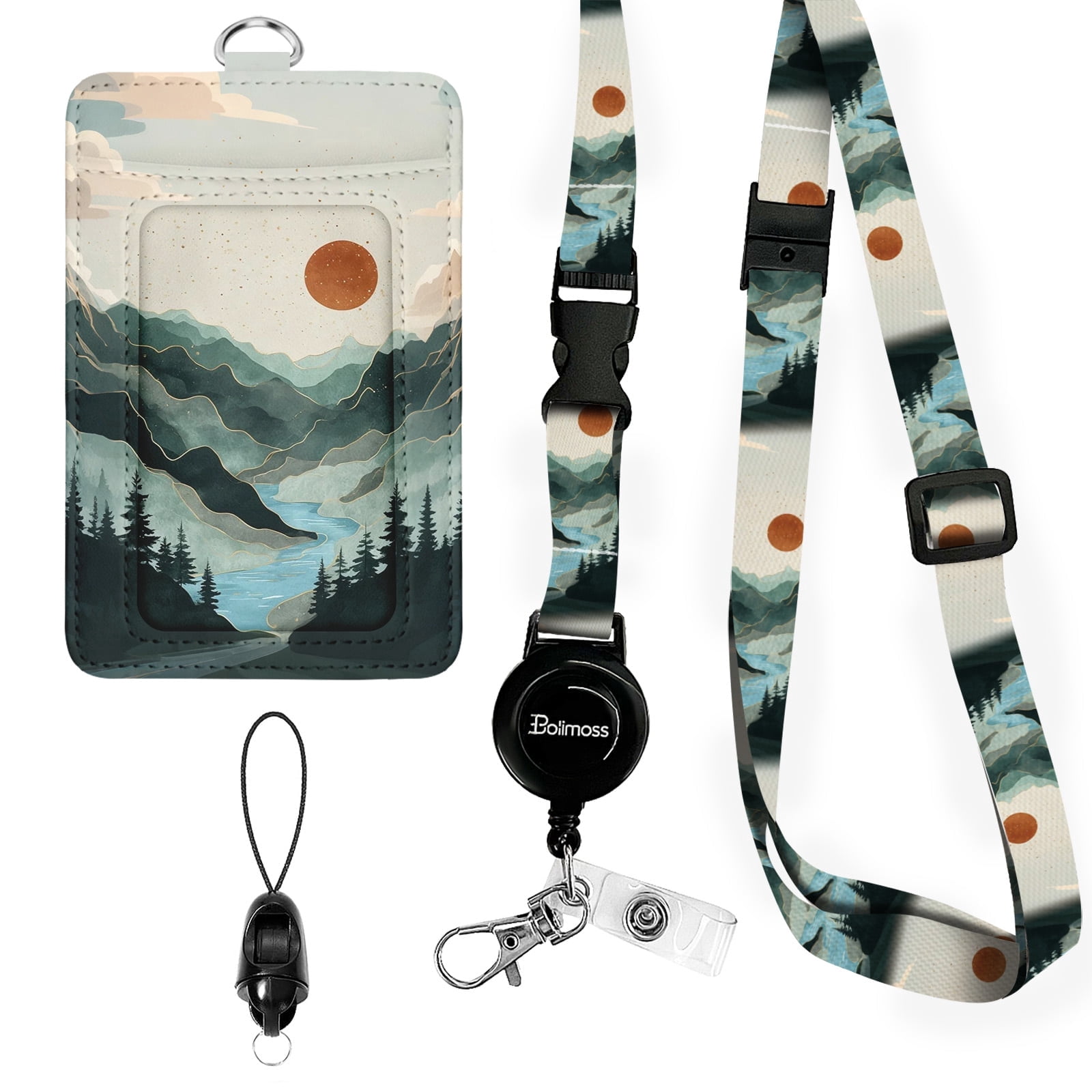 QRZ Mountain Lanyards for ID Badges, Landscape PU Leather Badge Holder ...
