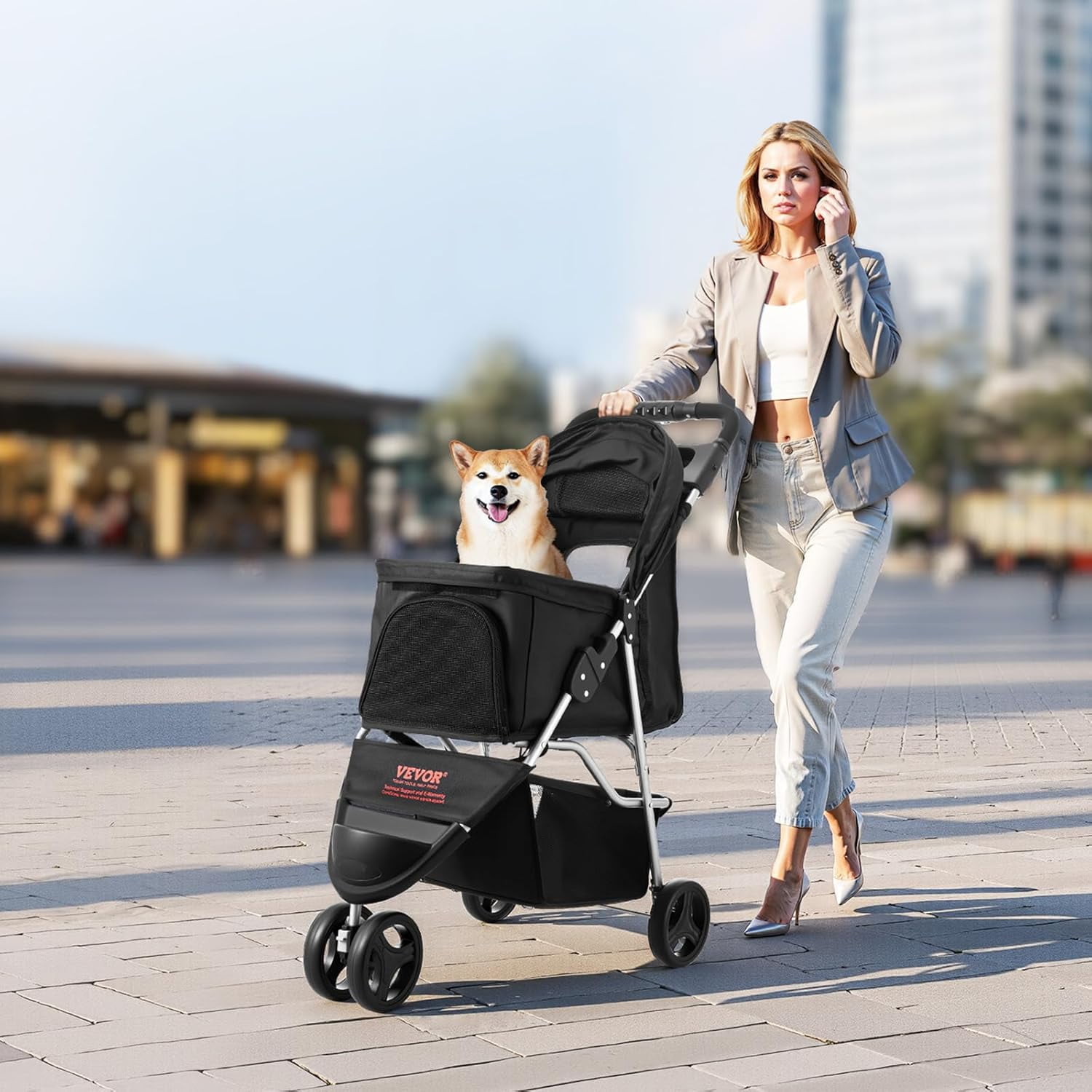 QRZJ Pet Stroller, 35 lbs Weight Capacity, Foldable Dog Cart, 3 Wheels ...